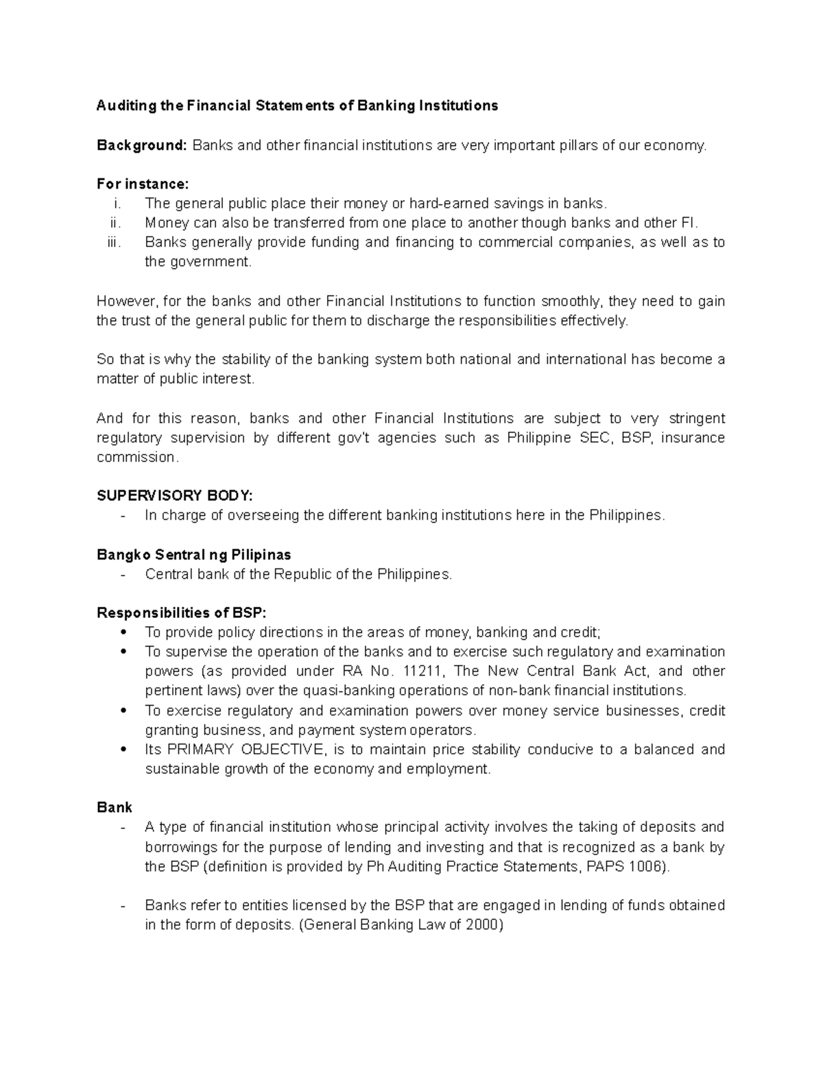 Auditing FS of Banking Institutions - Auditing the Financial Statements ...