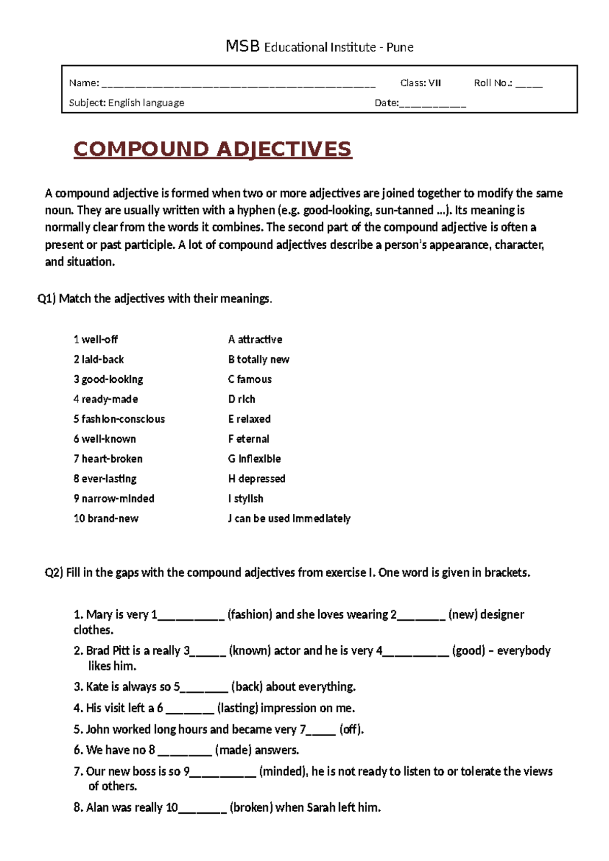 Compound adjectives worksheet - MSB Educational Institute - Pune ...