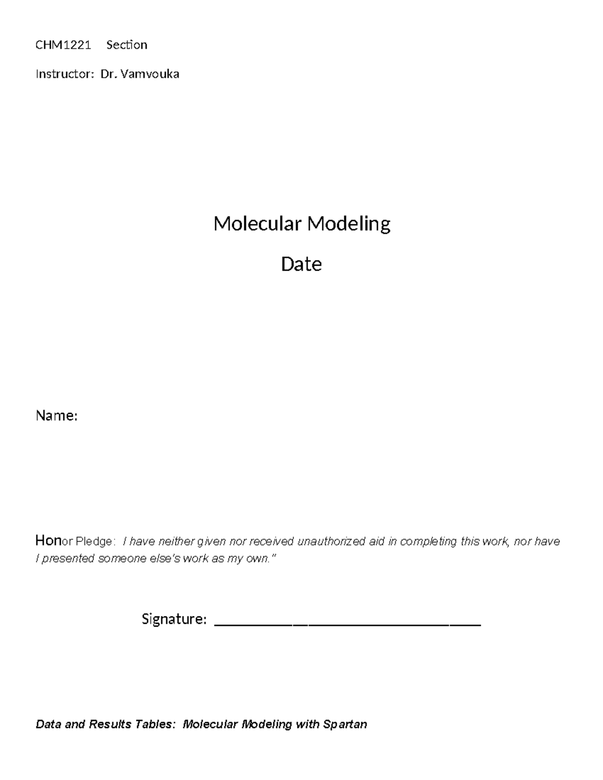 Molecular Modeling Lab Report Template-Cover page-Questions to Answer ...