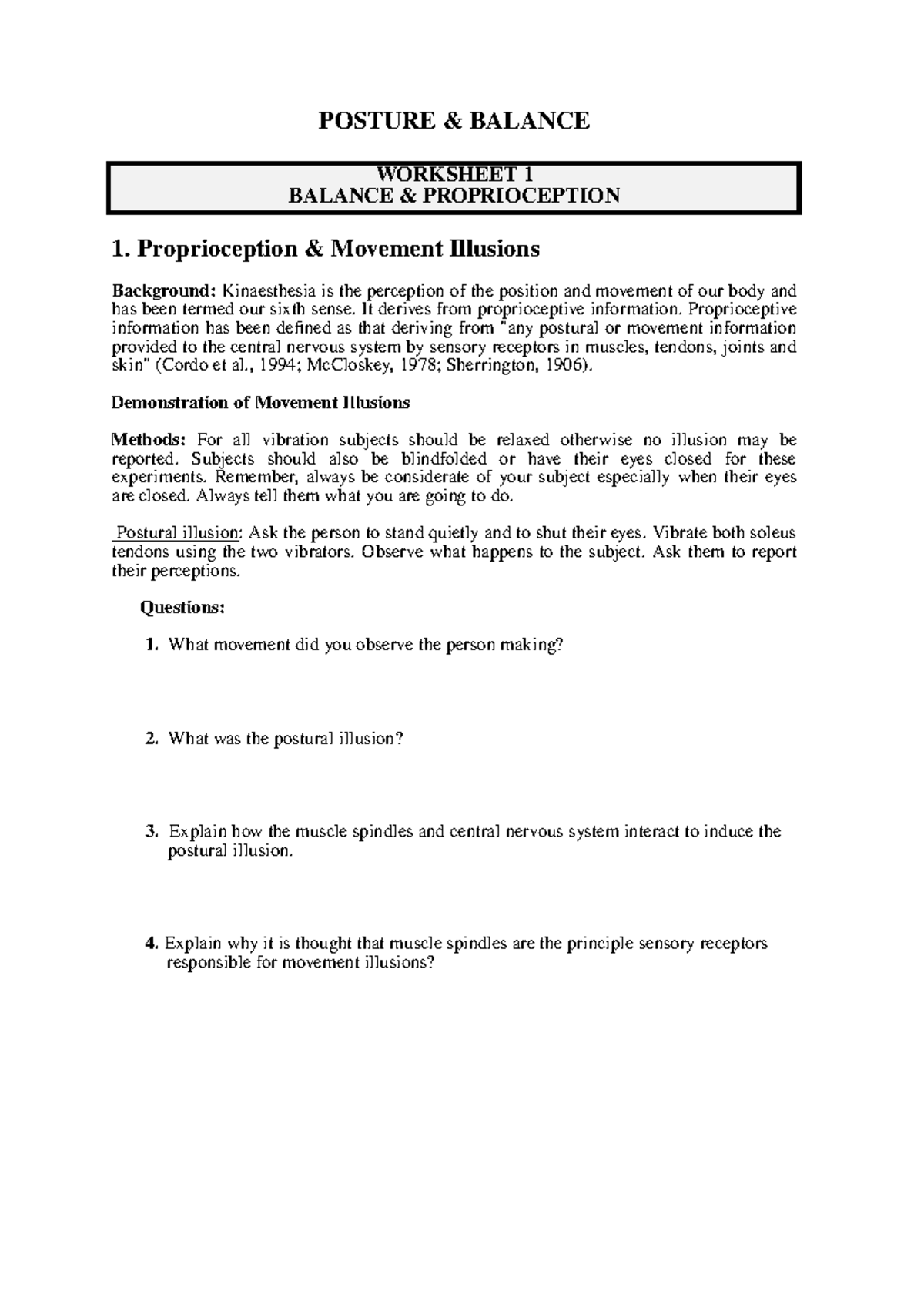 Worksheet 1 Balance Proprioception 2020 - POSTURE & BALANCE WORKSHEET 1 ...