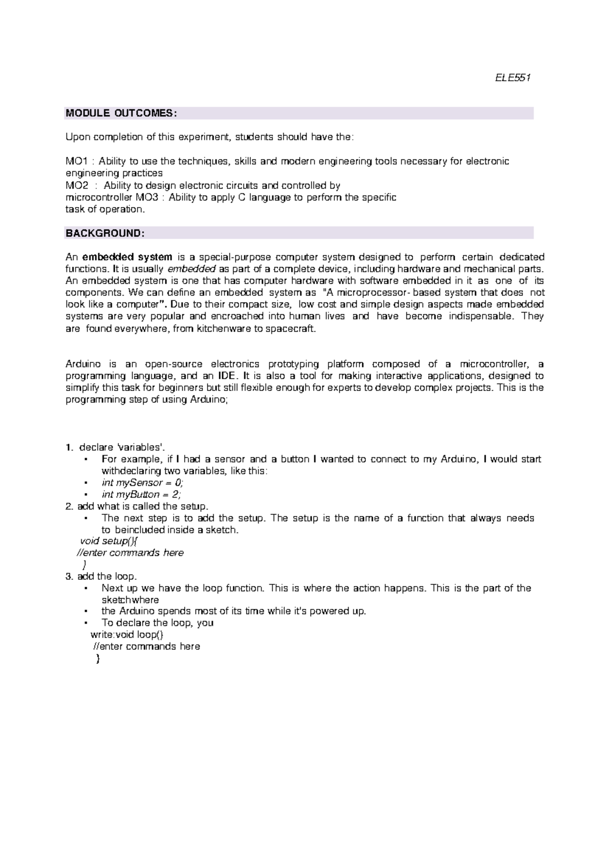 LABORATORY MANUAL EMBEDDED SYSTEM DESIGN - ELE MODULE OUTCOMES: Upon ...