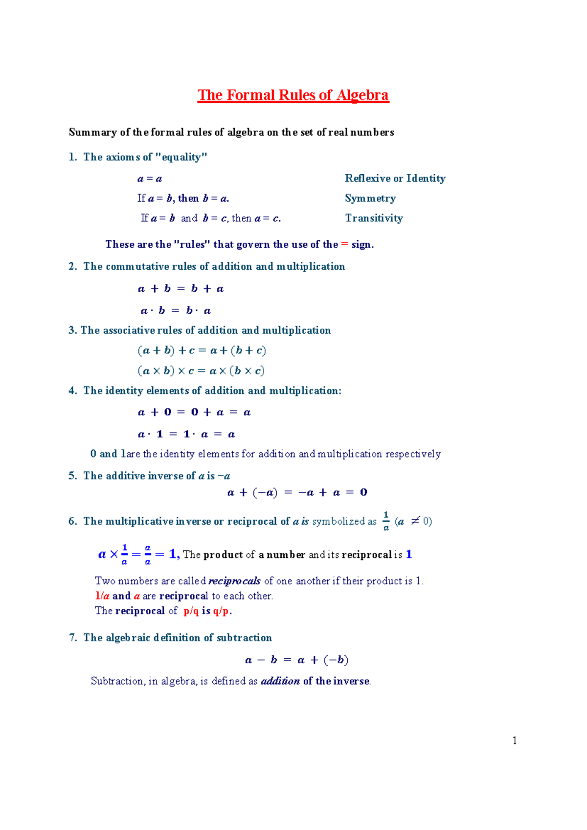 The Formal Rules of Algebra - The Formal Rules of Algebra Summary of ...