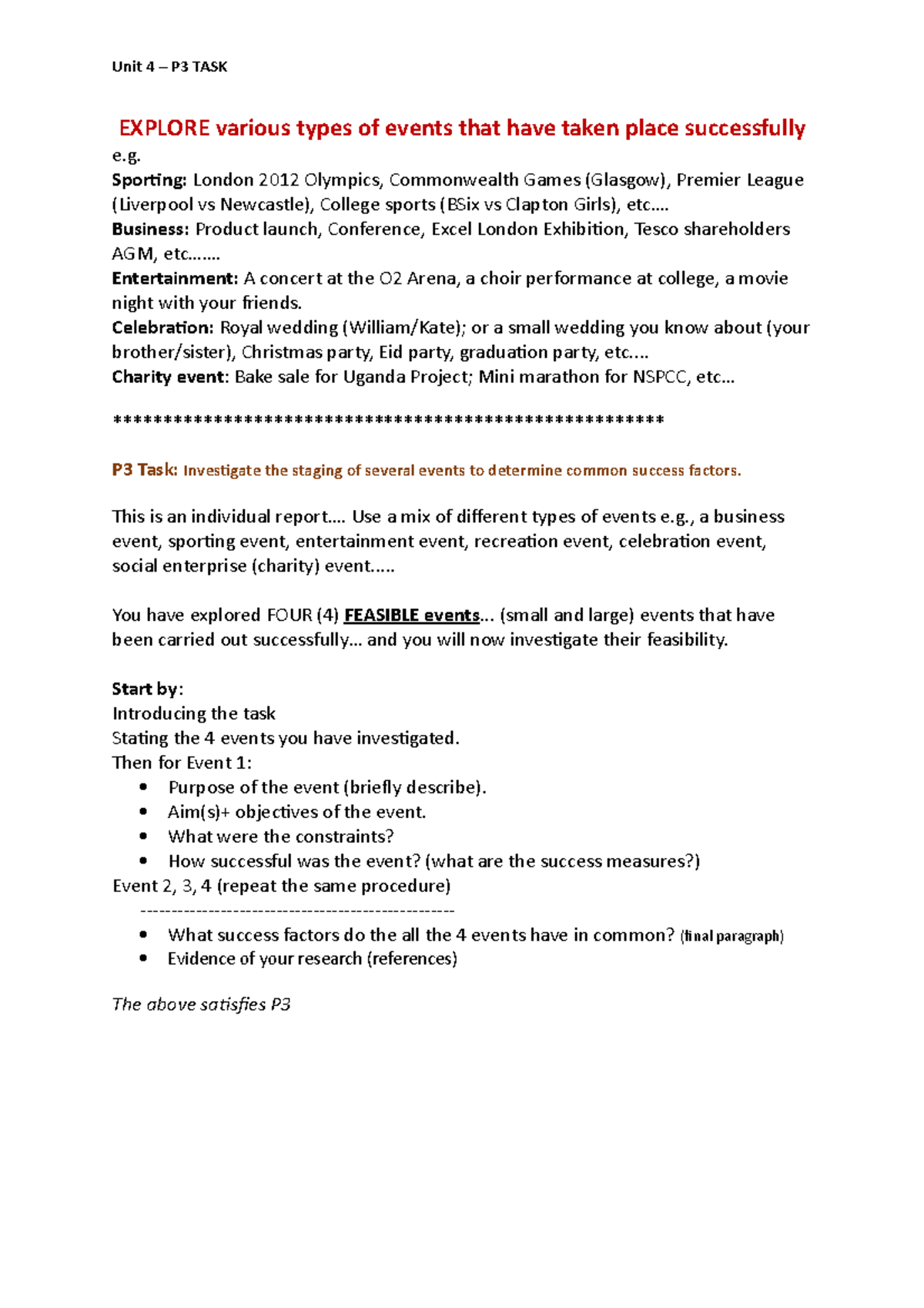 P3 Task - sfg - Unit 4 – P3 TASK EXPLORE various types of events that ...