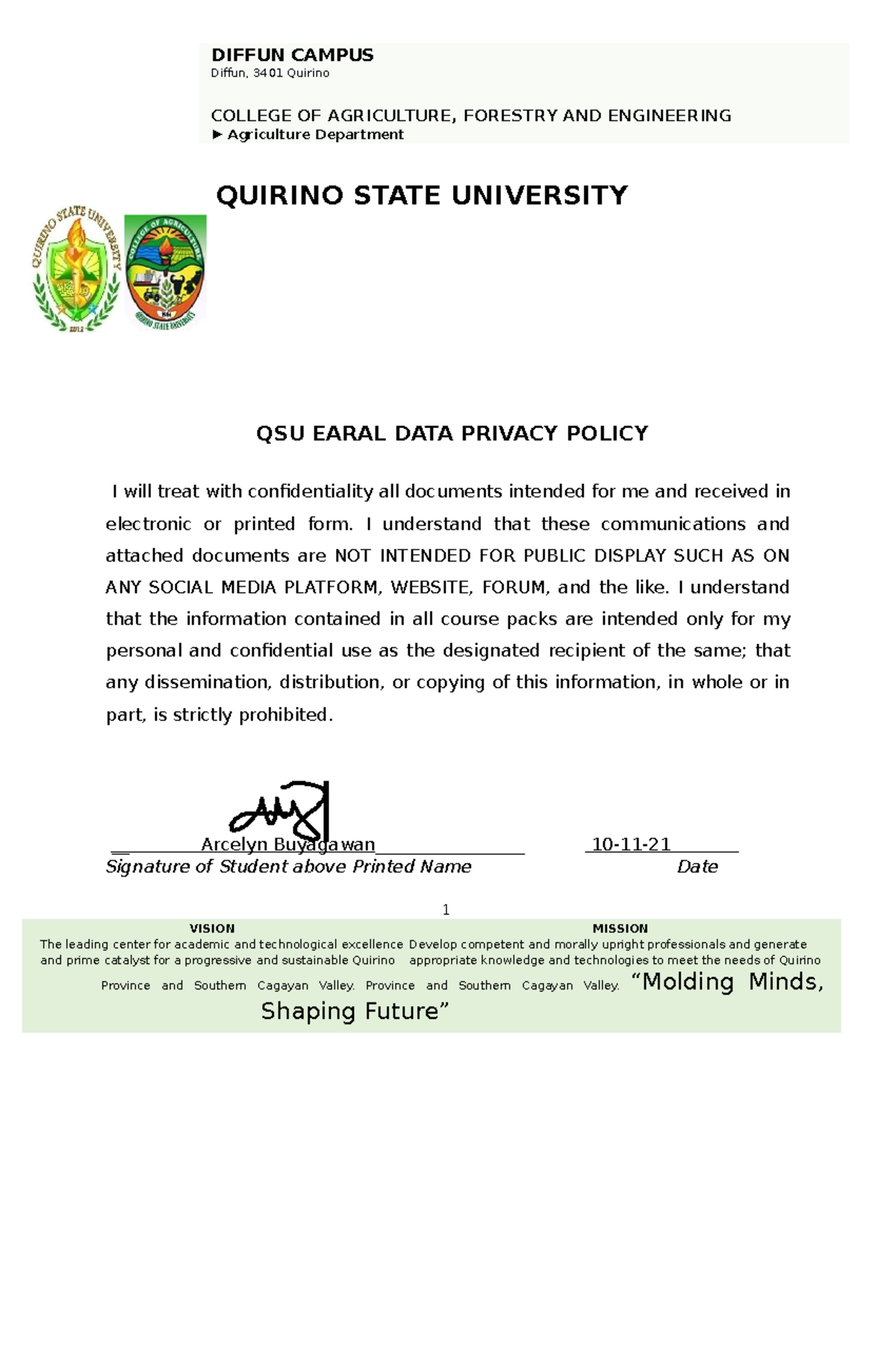QSU Earal DATA Privacy Policy - DIFFUN CAMPUS Diffun, 3401 Quirino ...