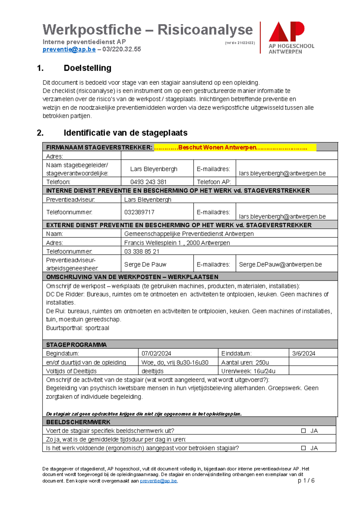 Werkpostfiche Risicoanalyse - Werkpostfiche – Risicoanalyse Interne preventiedienst AP (versie ...