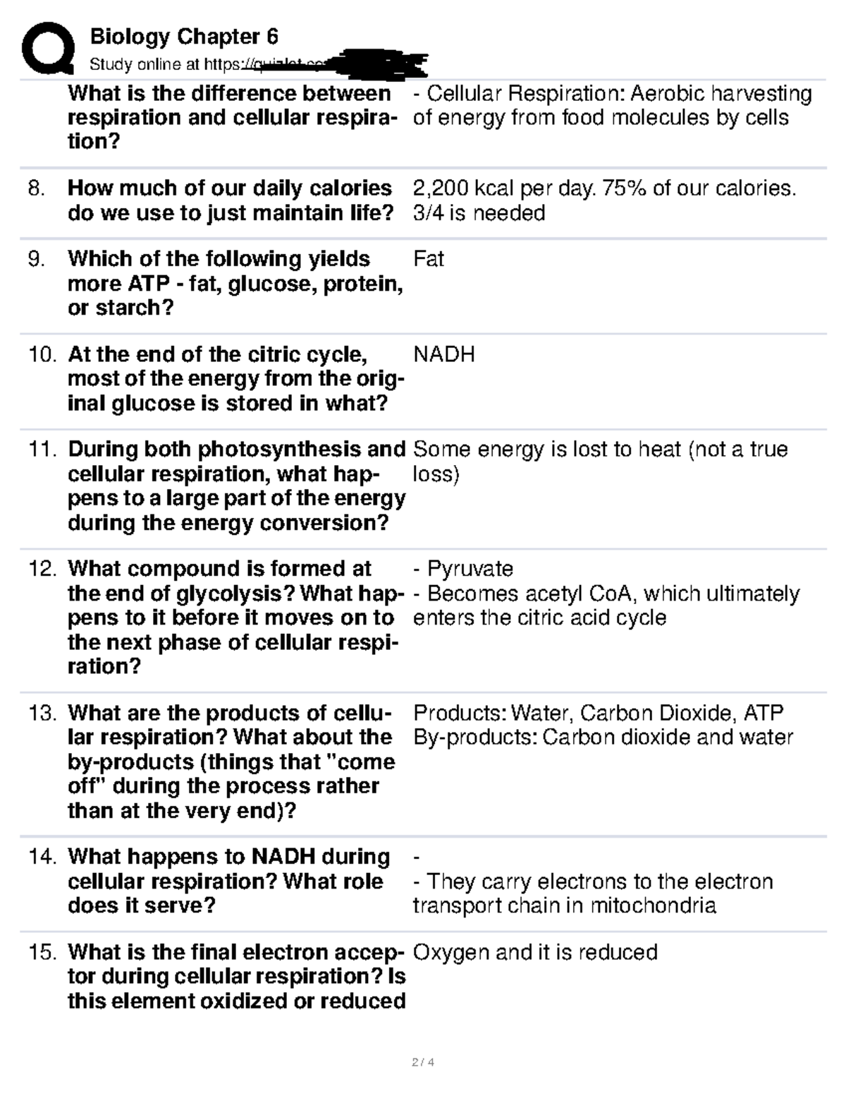 Biology Chapter 6 - 75% of our calories. 3/4 is needed Which of the ...