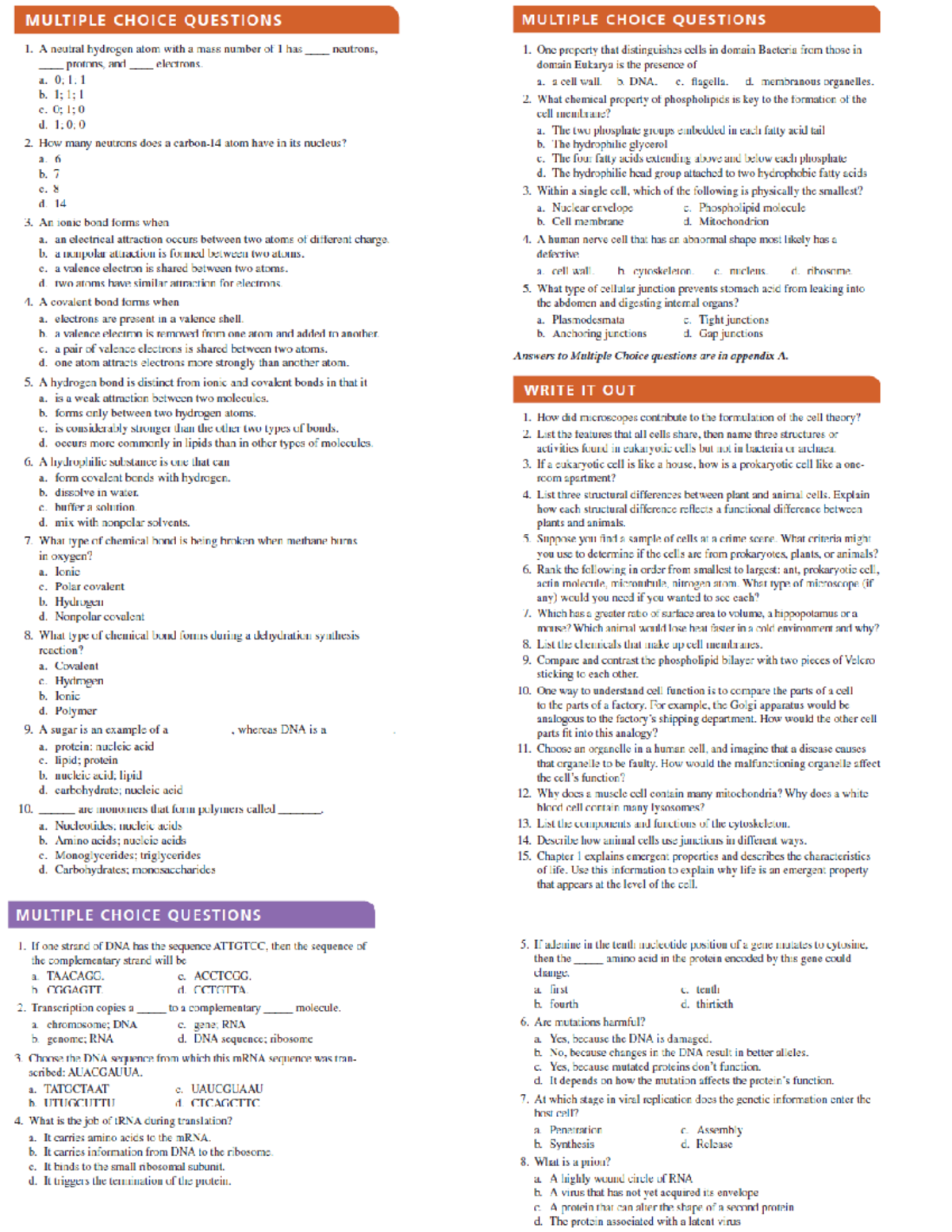 Questionnaire of Chemistry of Life & Cells Structure - Biologia - Studocu