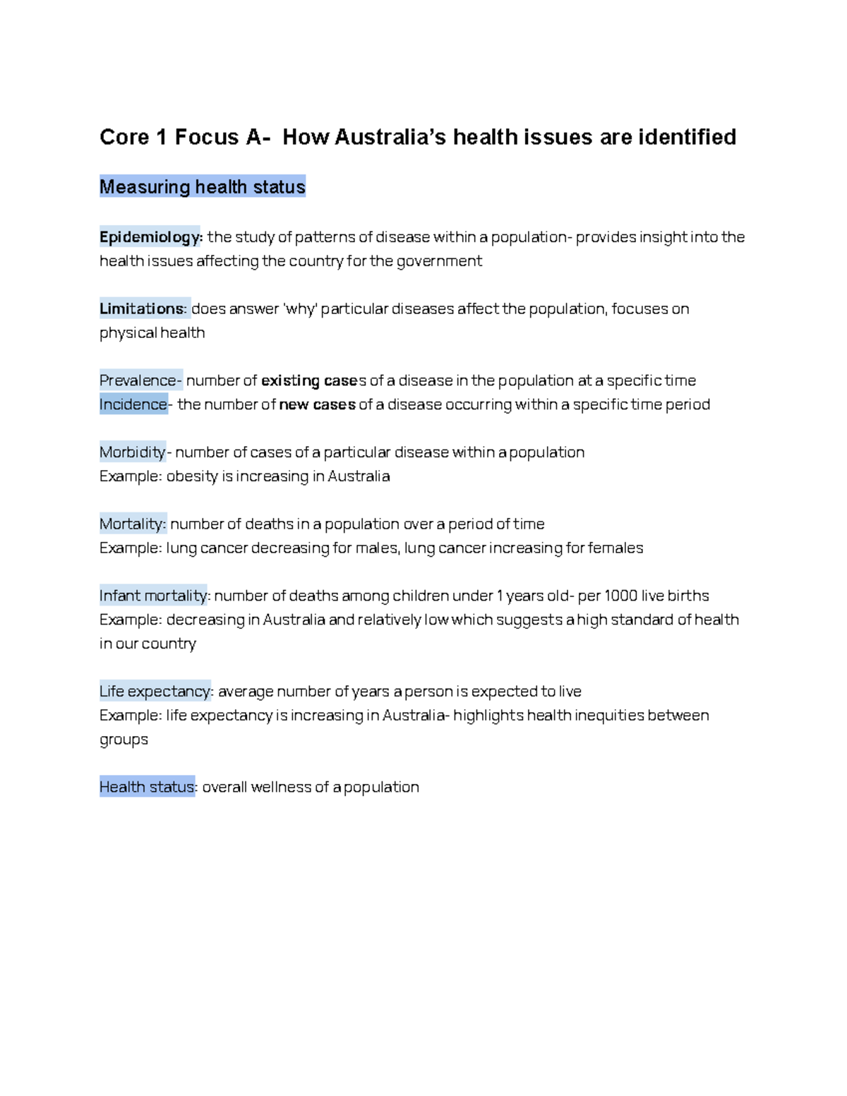 Pdhpe year 12 notes - Core 1 Focus A- How Australia’s health issues are ...