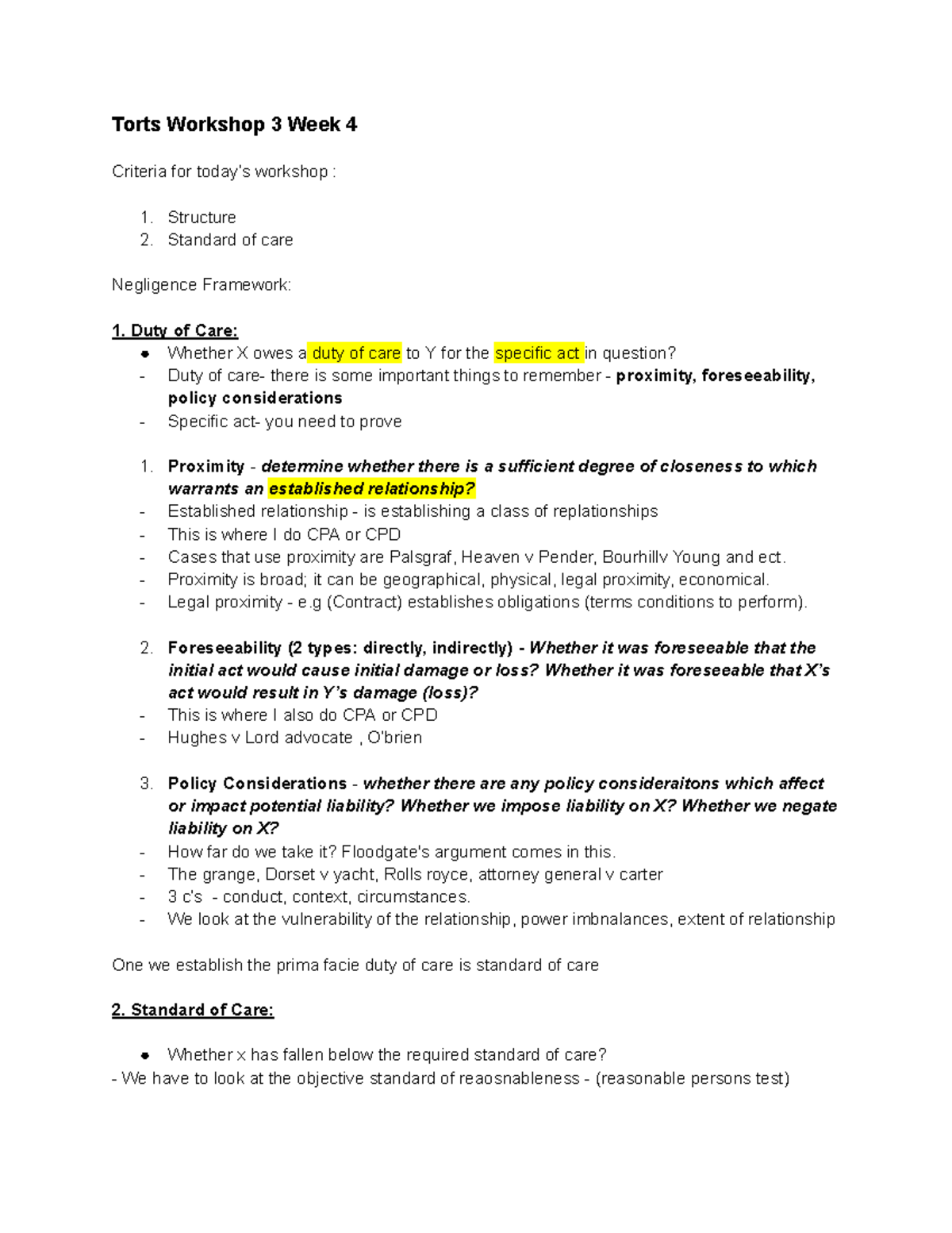 Torts Workshop 3 Week 4 - Torts Workshop 3 Week 4 Criteria for today’s workshop : Structure ...