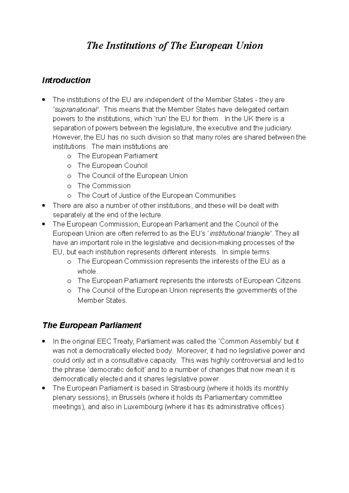 Institutions of the EU - Notes - The Institutions of The European Union ...