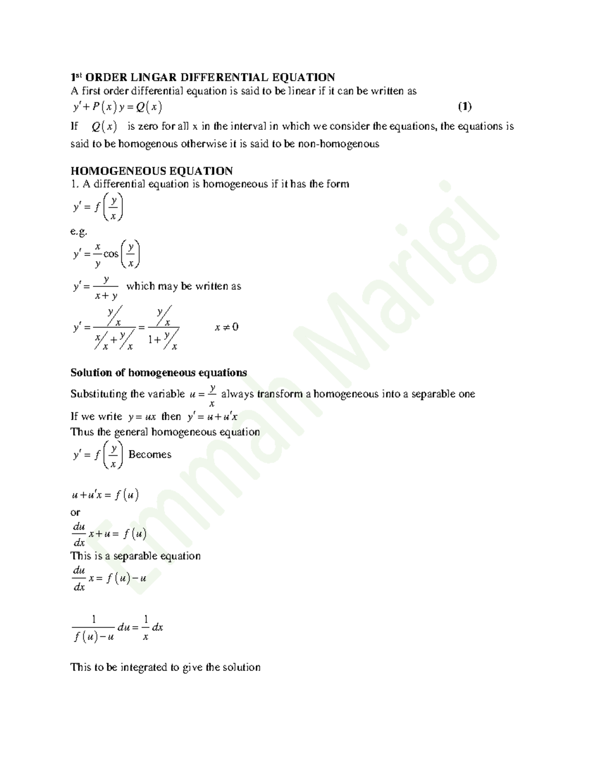 SMA 2232 Lec 4 - ode - 1 st ORDER LINGAR DIFFERENTIAL EQUATION A first ...
