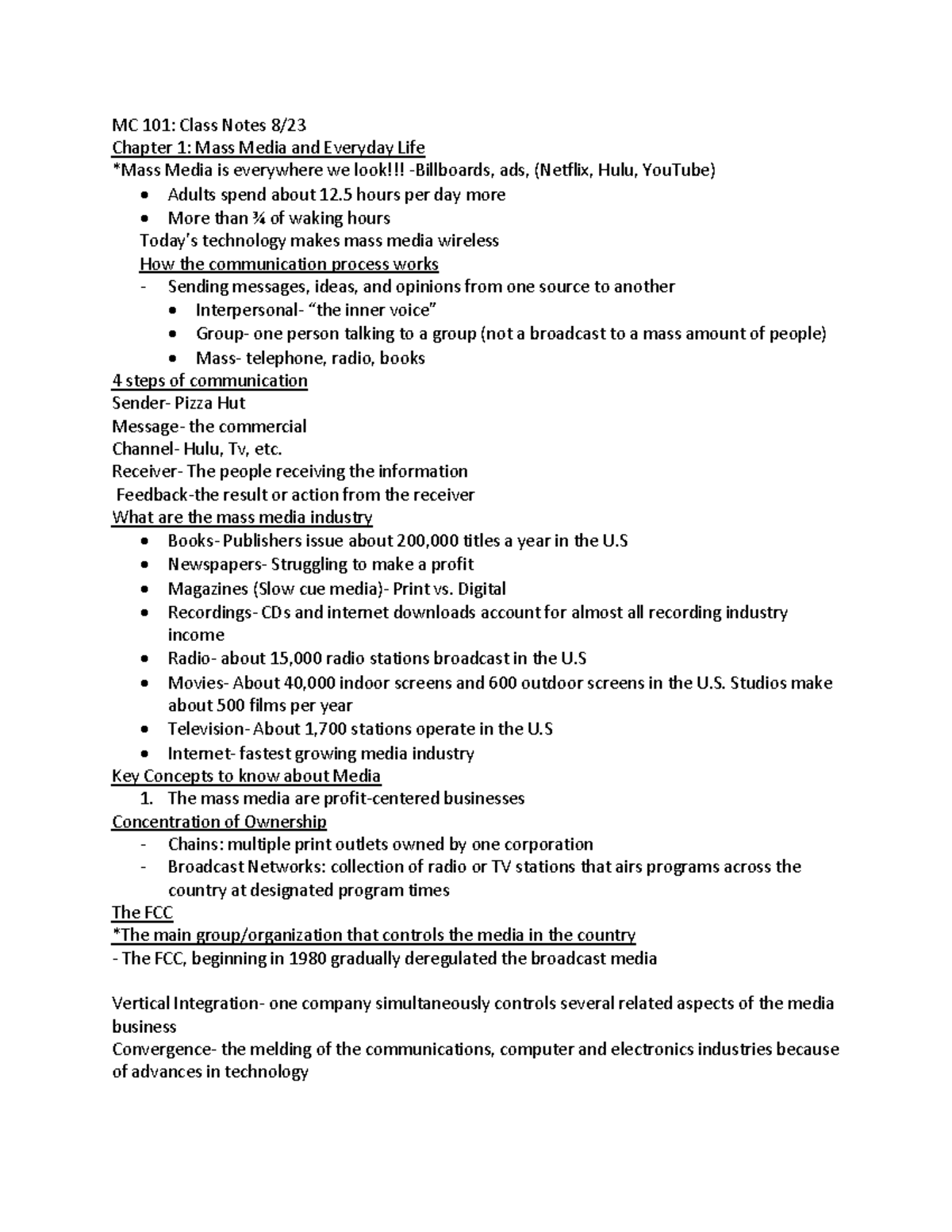 MC 101 Chapter 1 Notes - MC 101: Class Notes 8/ Chapter 1: Mass Media ...
