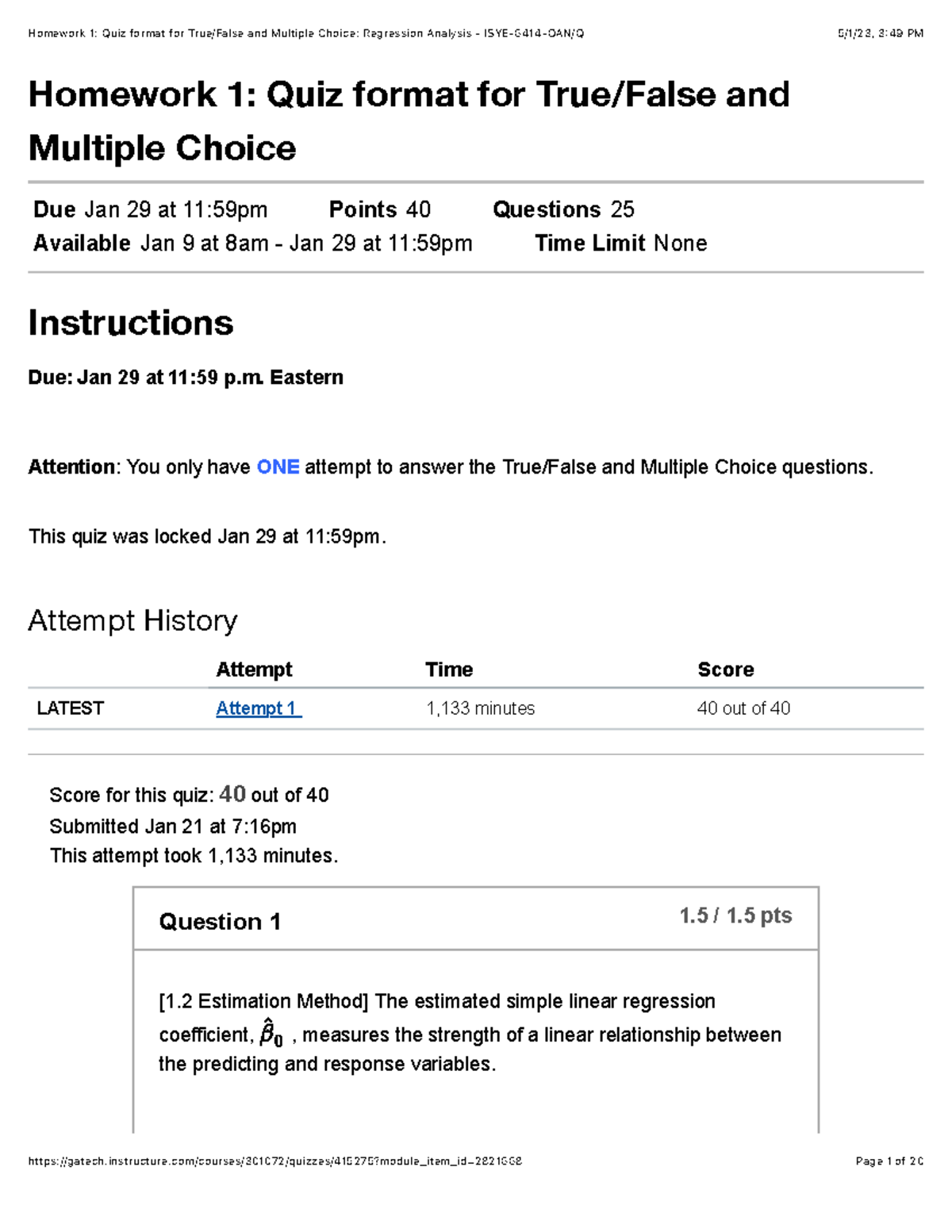 HW 1 Quiz - t/f format - Homework 1: Quiz format for True/False and ...