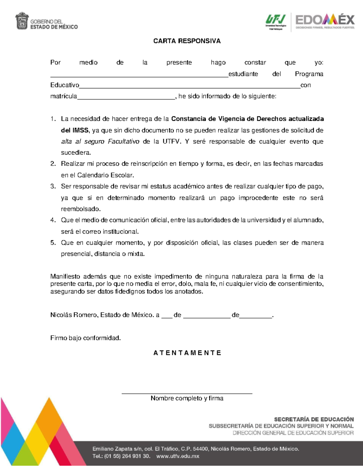 Carta Responsiva reinscripción (1) 083015 - CARTA RESPONSIVA Por medio ...