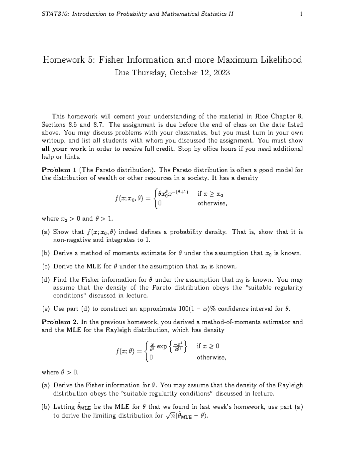 STAT310: Homework 5 - Fisher Information and Maximum Likelihood - Studocu