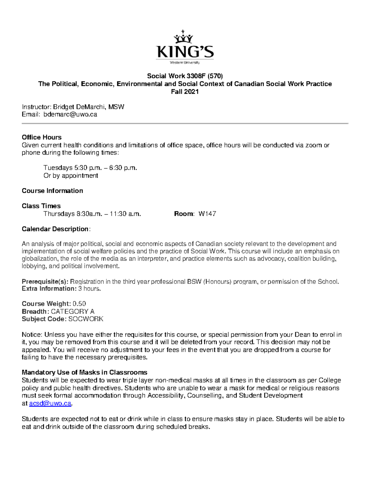 Sw 3308F 570 fall 2021 - SYLLABUS - 1022 A - UWO - Studocu