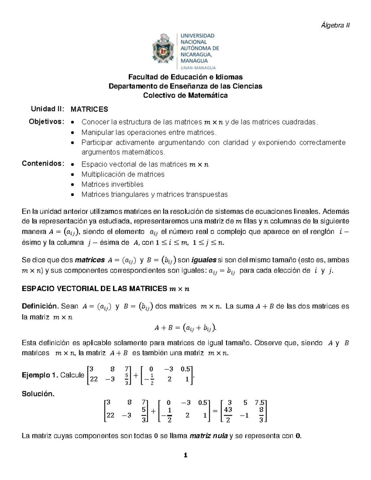 2. Matricesa lgebra 2 - Facultad de Educación e Idiomas Departamento de ...