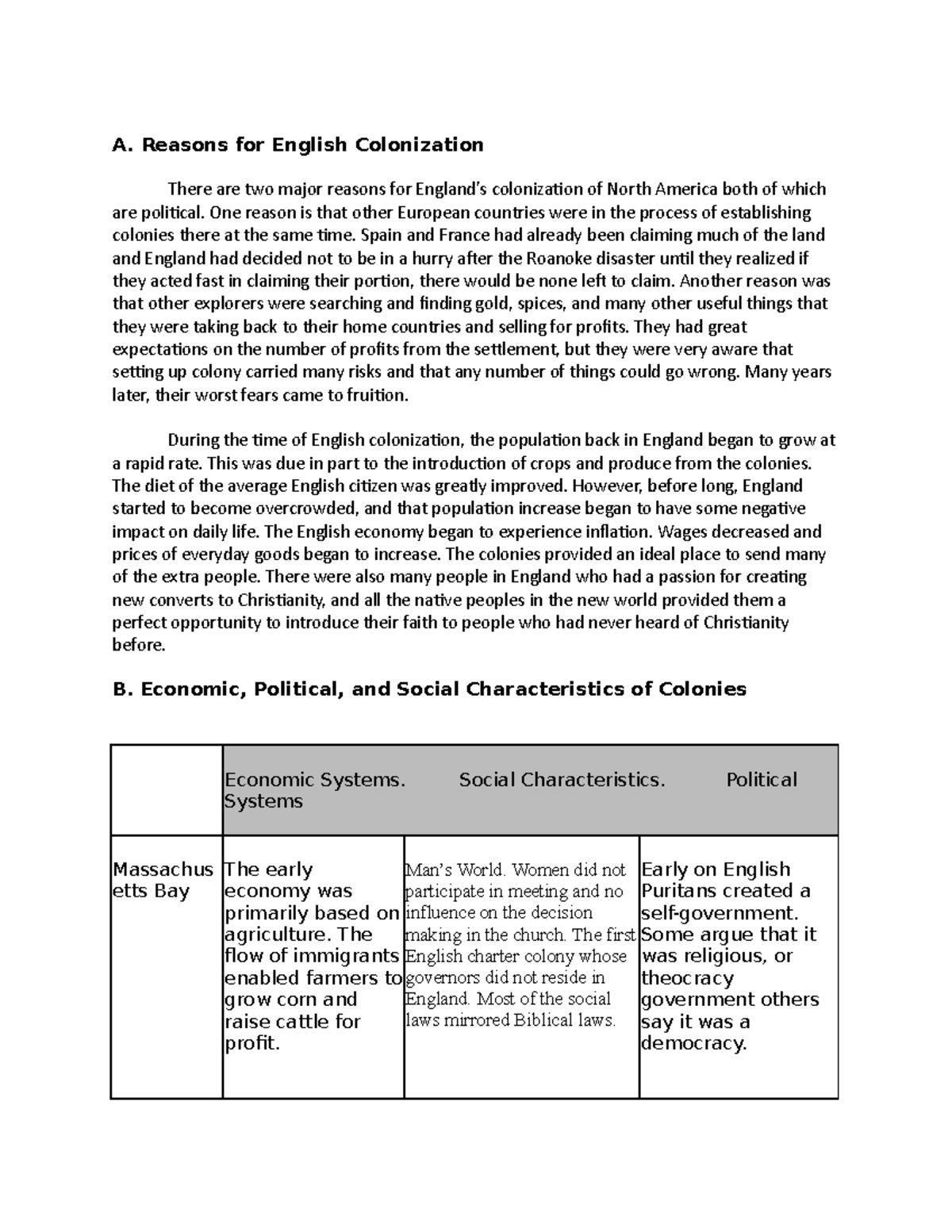 Autumn History Paper 1-1 - A. Reasons for English Colonization There ...