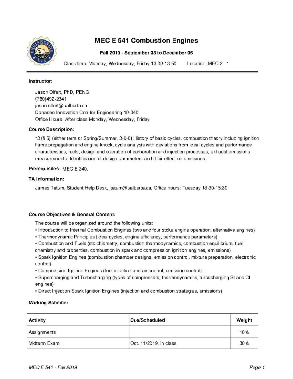 MEC E 541 - Combustion Engines - MEC E 541 Combustion Engines Fall 2019 - September 03 to ...