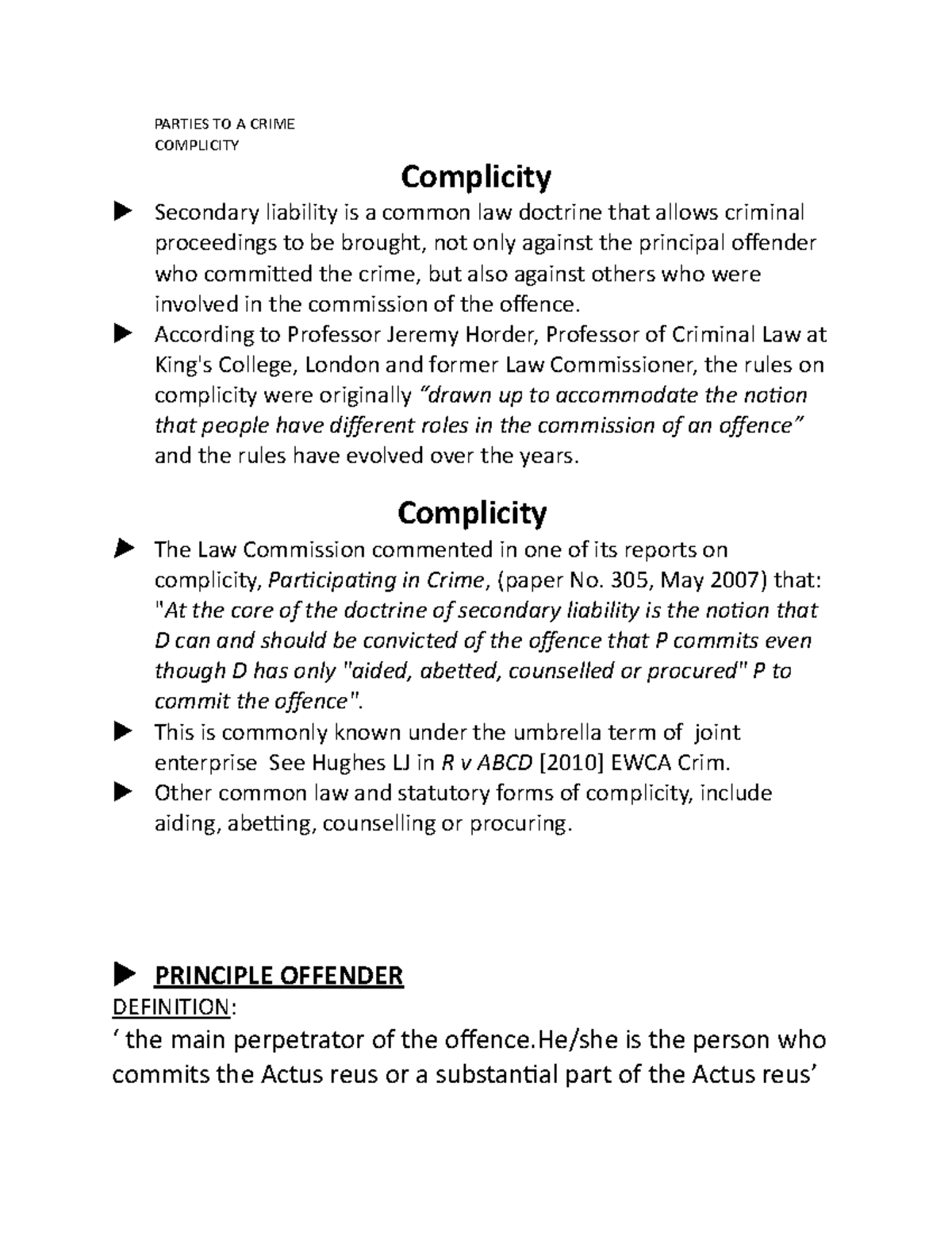 Parties to a crime - PARTIES TO A CRIME COMPLICITY Complicity Secondary ...