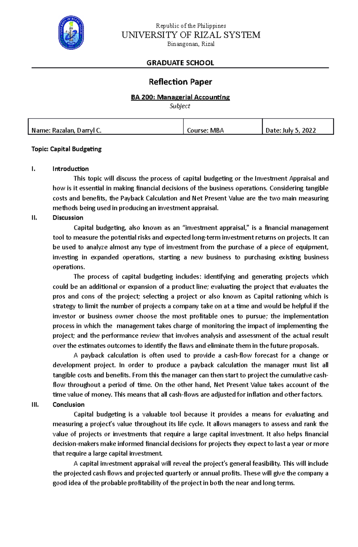 Razalan, Darryl C. - Reflection Paper Form (Capital Budgeting ...