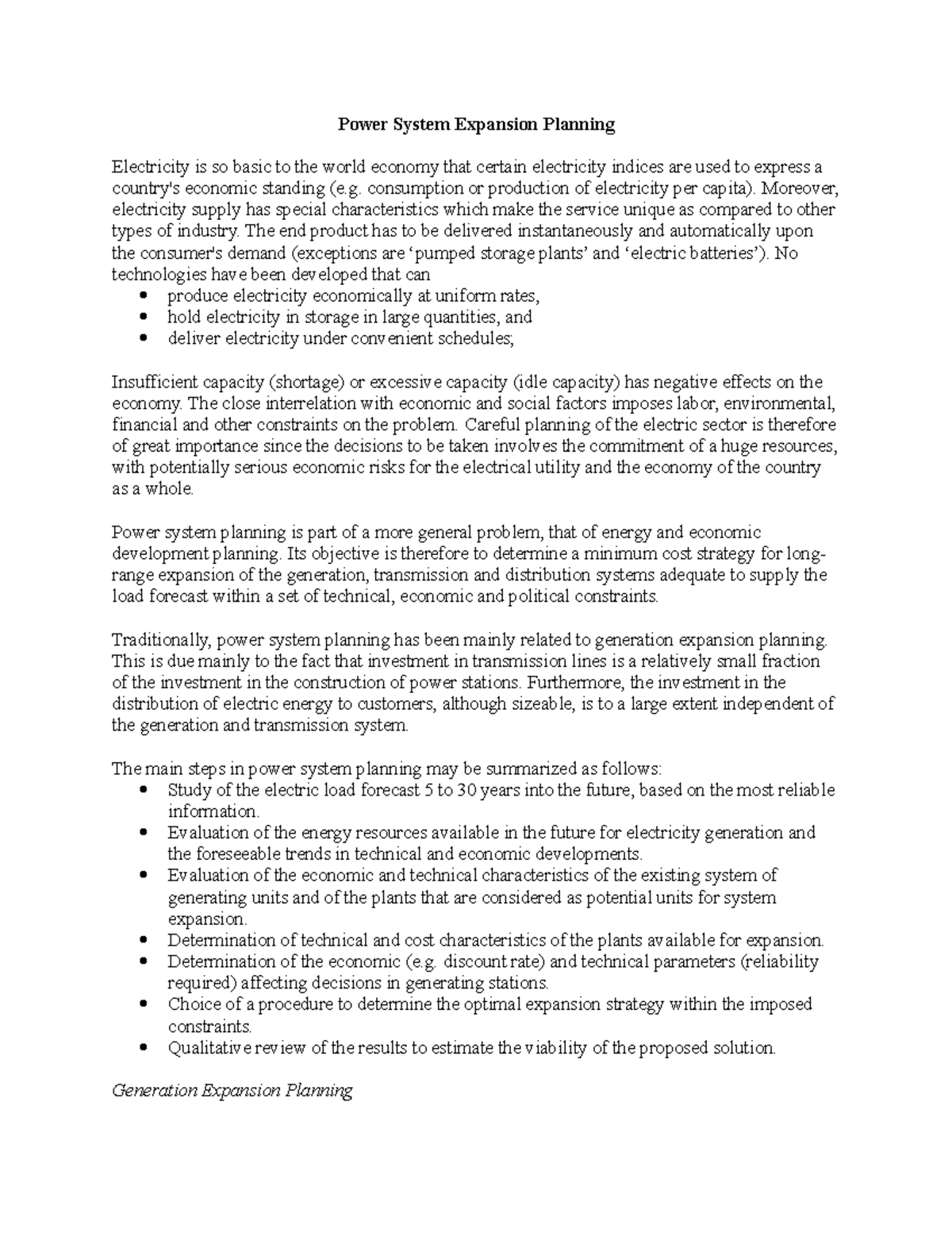 Lec 5 - Ex Planning - Notes - Power System Expansion Planning ...