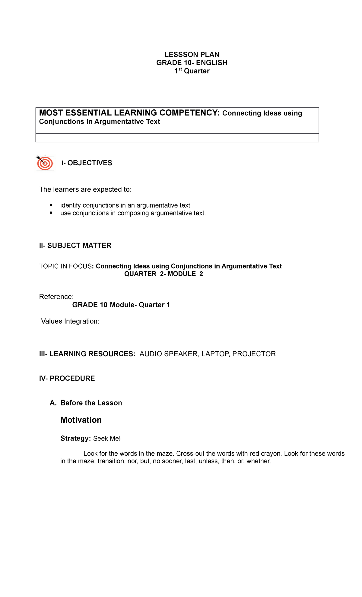 Lesson-Plan-Grade-10-2nd-quarter - LESSSON PLAN GRADE 10- ENGLISH 1 st ...