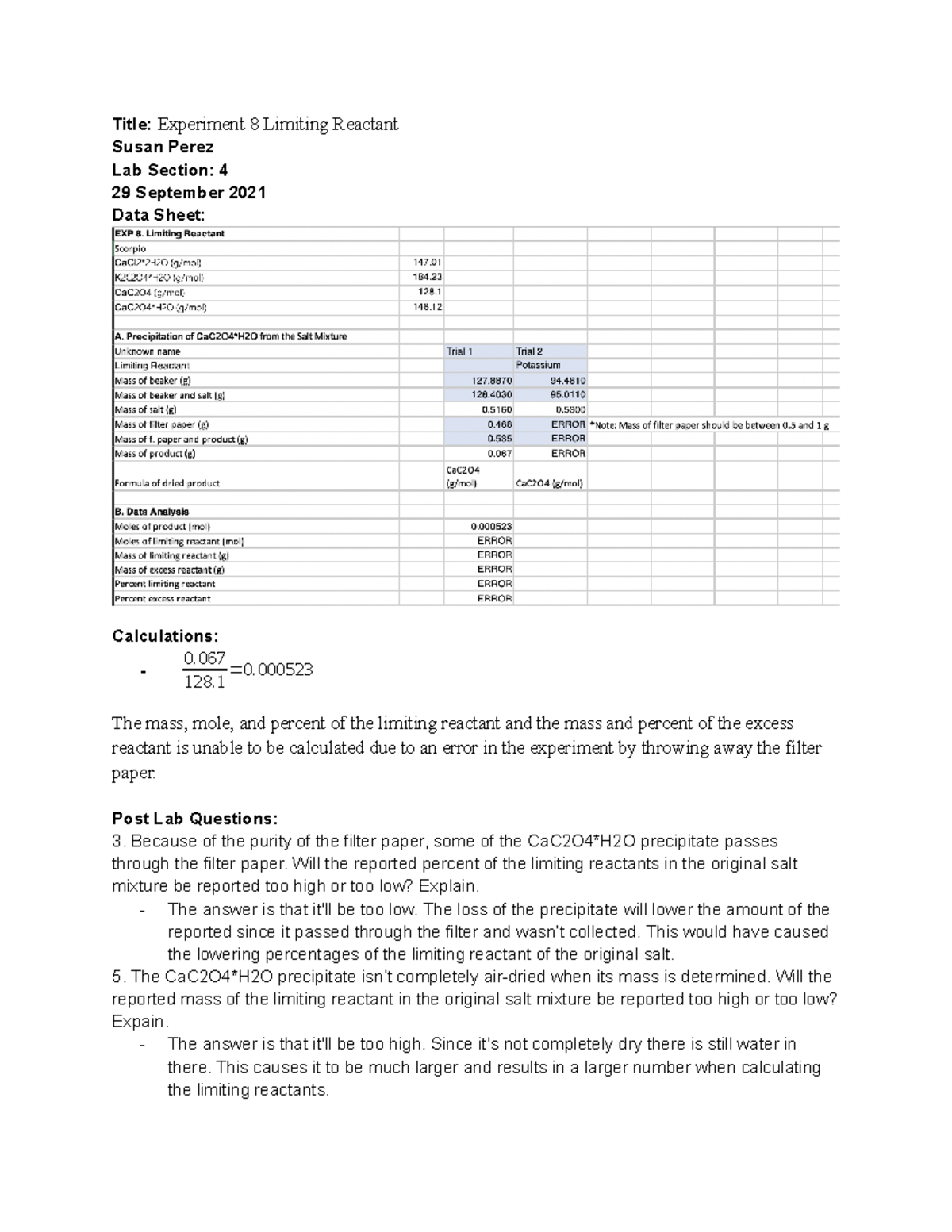 Experiment 8 Calculations Report + Post-lab questions - Title ...