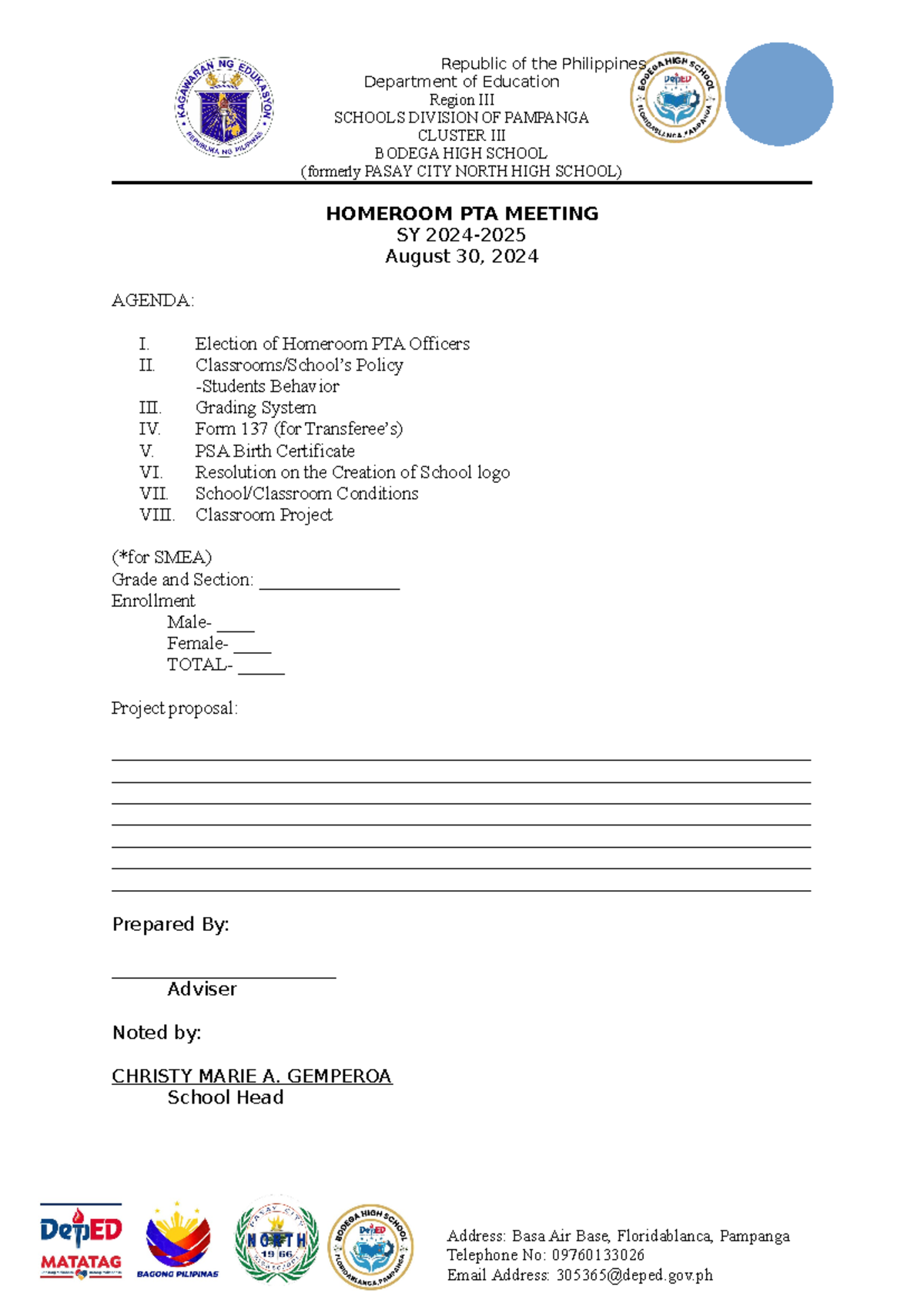 Homeroom-PTA- Template - Republic of the Philippines Department of Education Region III SCHOOLS ...