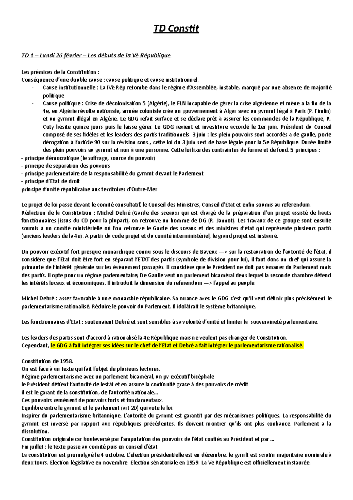 TD-Constit - droit cours - TD Constit TD 1 – Lundi 26 février – Les débuts de la Vè République ...