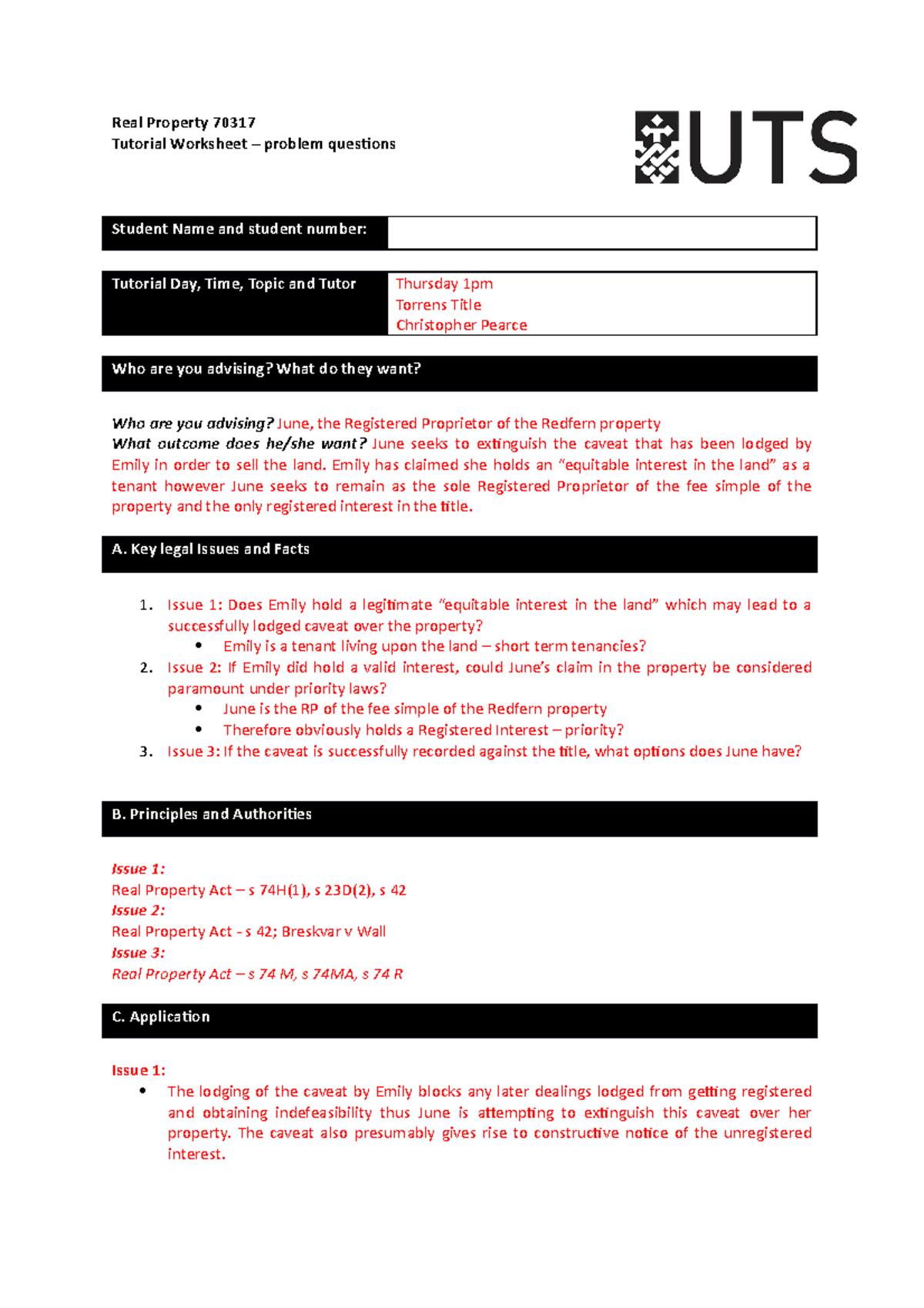 Tutorial 2 Worksheet - Real Property 70317 Tutorial Worksheet – problem ...