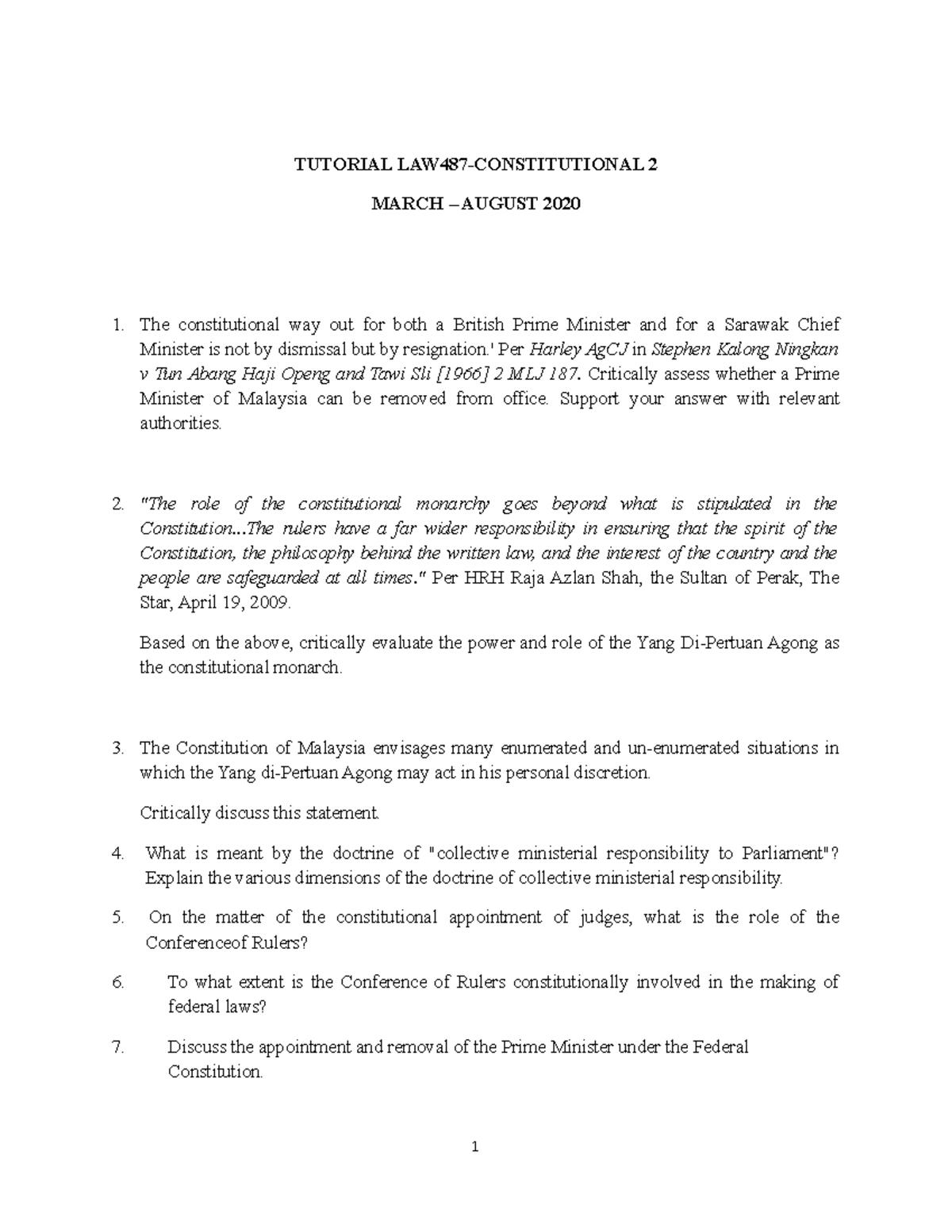 Tutorial q - constitutional law 1 - TUTORIAL LAW487-CONSTITUTIONAL 2 ...