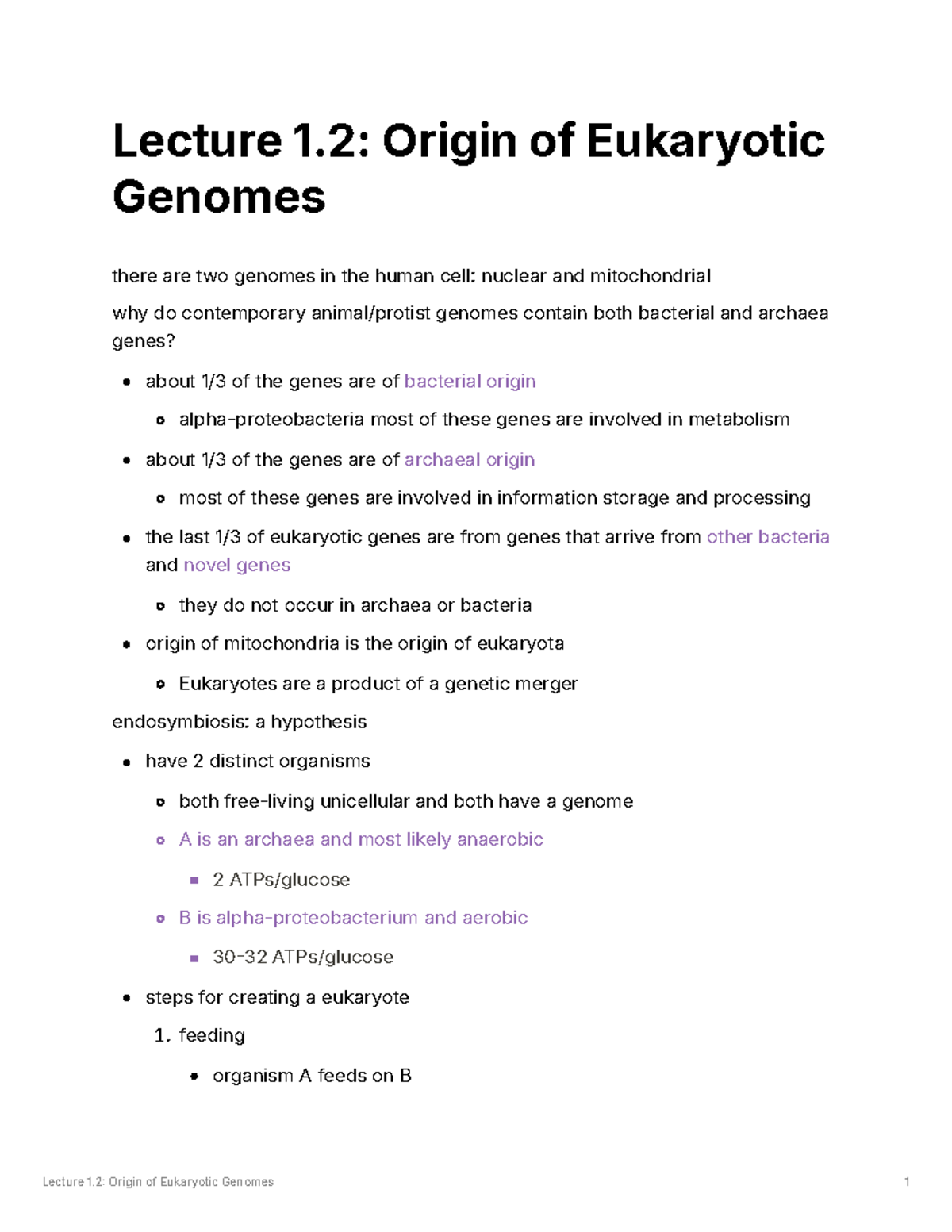 1.2 lecture note - Lecture 1: Origin of Eukaryotic Genomes there are ...