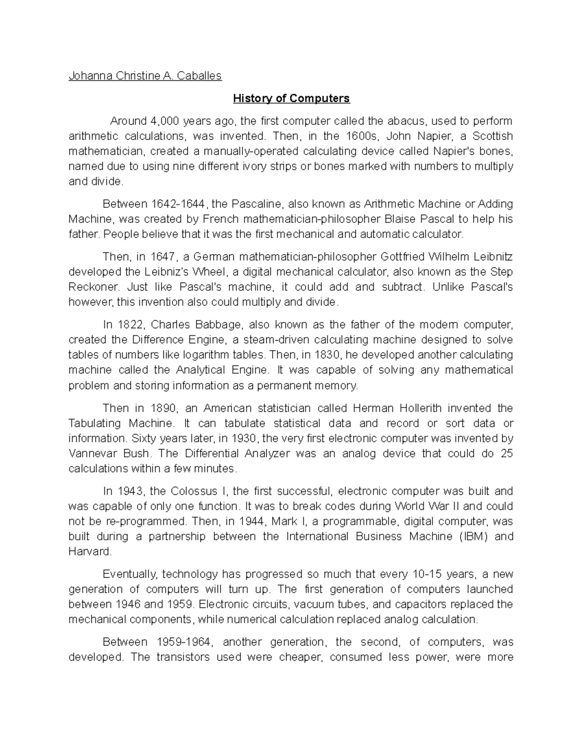 History of Computers - Johanna Christine A. Caballes History of ...