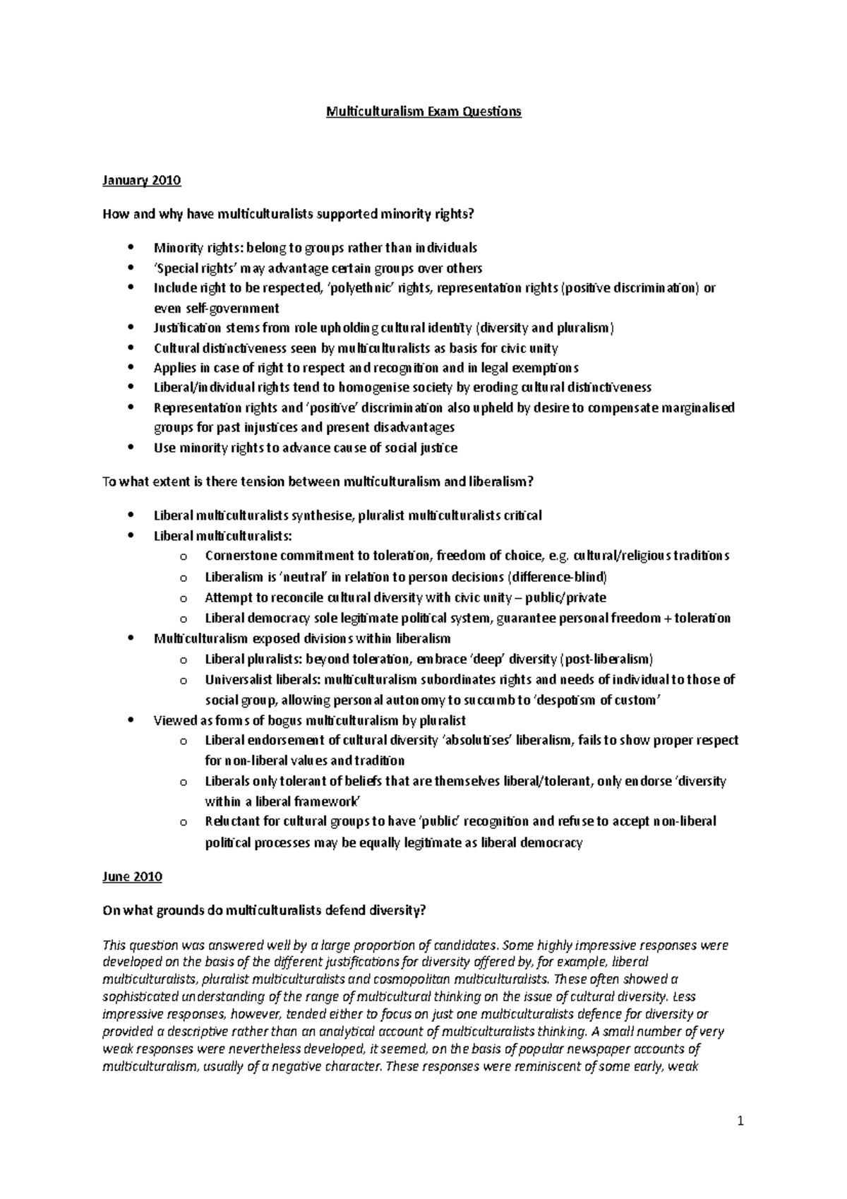 Multiculturalism Exam Questions - Multiculturalism Exam Questions ...