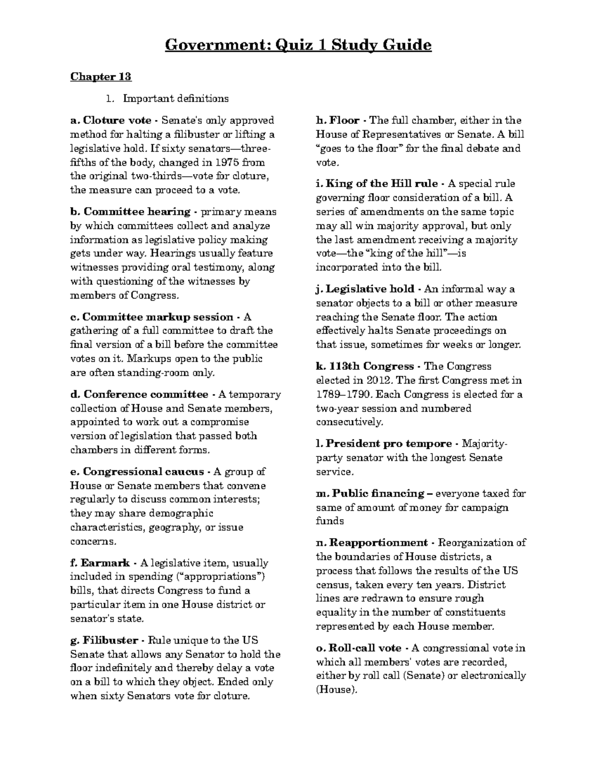 Quiz 1 Study Guide - Chapter 13 Important definitions a. Cloture vote ...