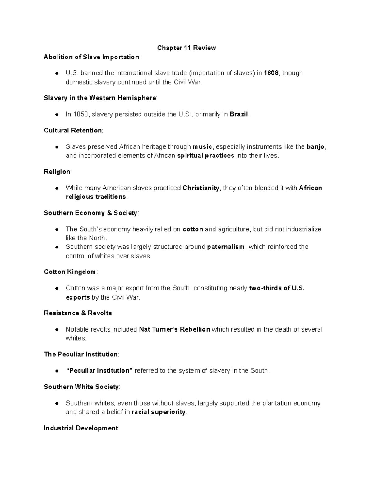 Chapter 11 Review - Chapter 11 Review Abolition of Slave Importation: U ...