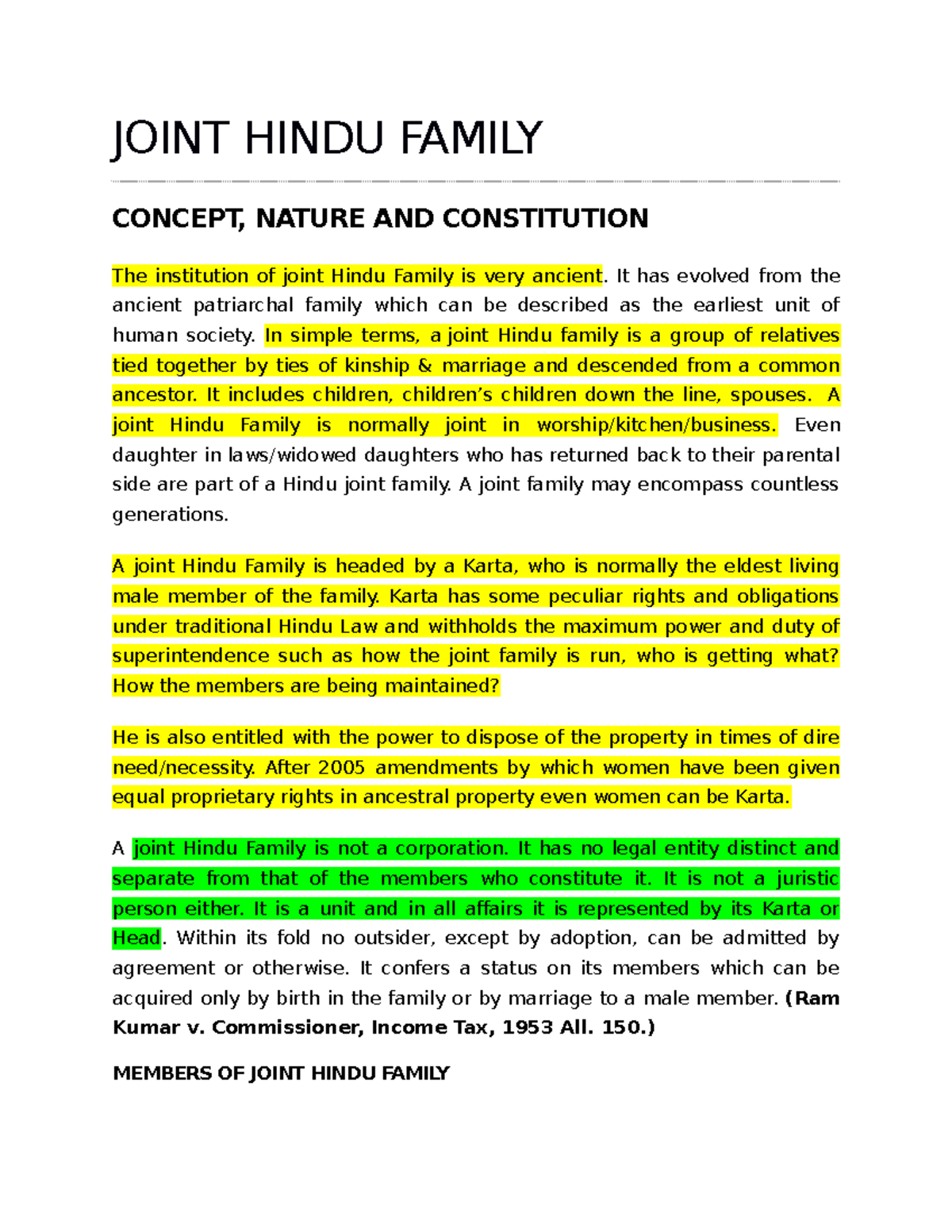CH-2 Joint Hindu Family - JOINT HINDU FAMILY CONCEPT, NATURE AND ...