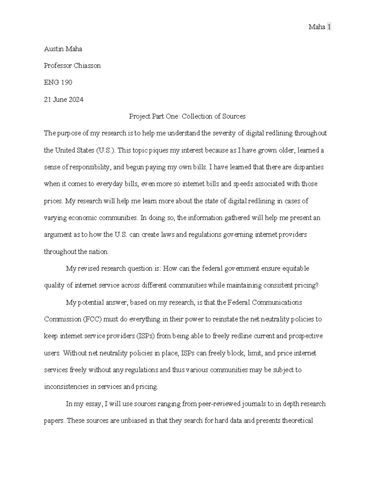 ENG 190 Module 7 Final Project / Essay - Austin Maha Professor Chiasson ...