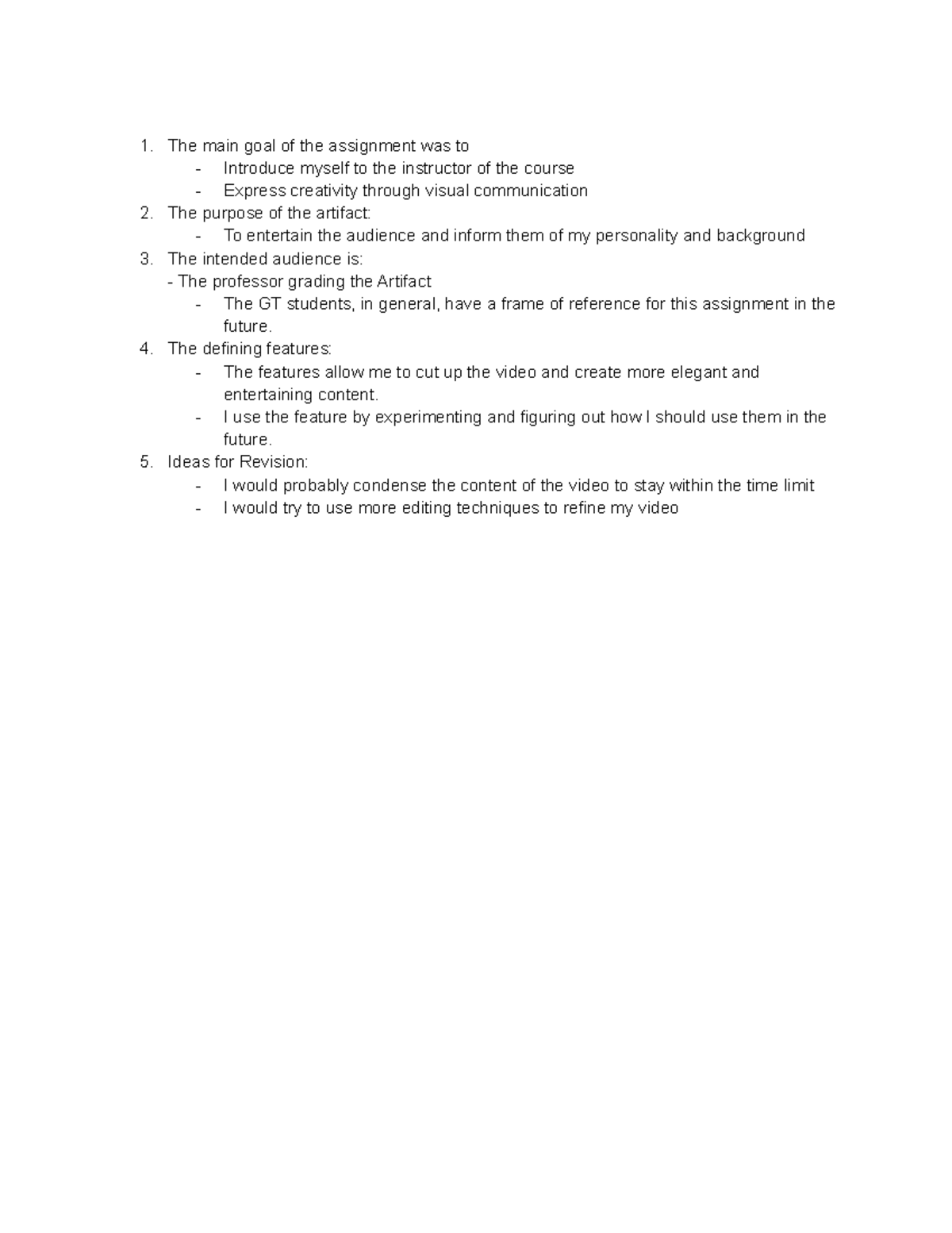 Artifact 0 English 1102 reflection - The main goal of the assignment ...