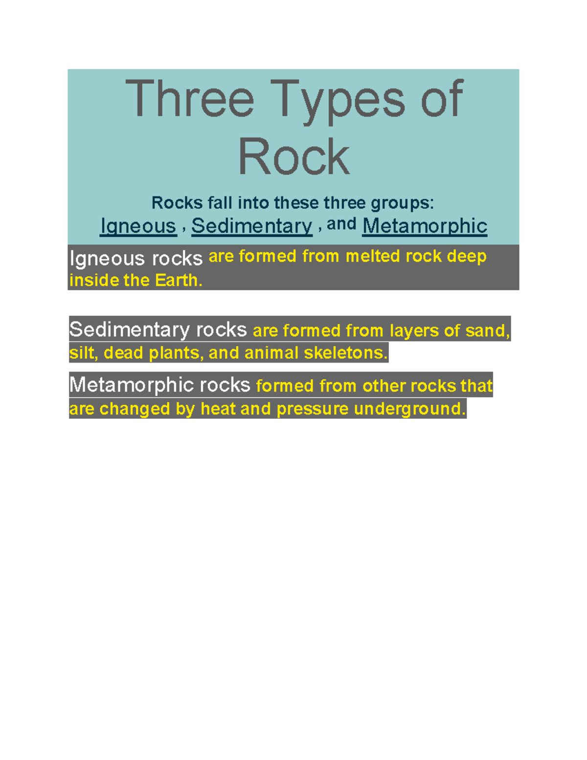 Rocks and Reproductive organs notes - Three Types of Rock Rocks fall ...