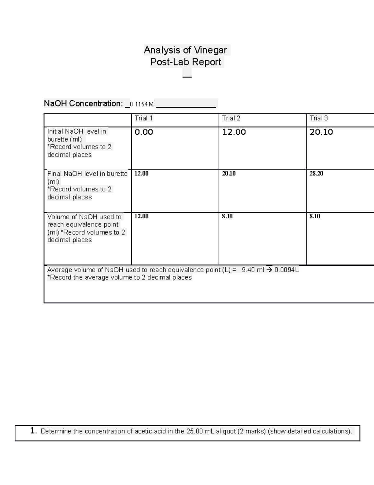 Experiment 3 Post Lab Report - Analysis of Vinegar Post-Lab Report __ NaOH Concentration: _0 ...