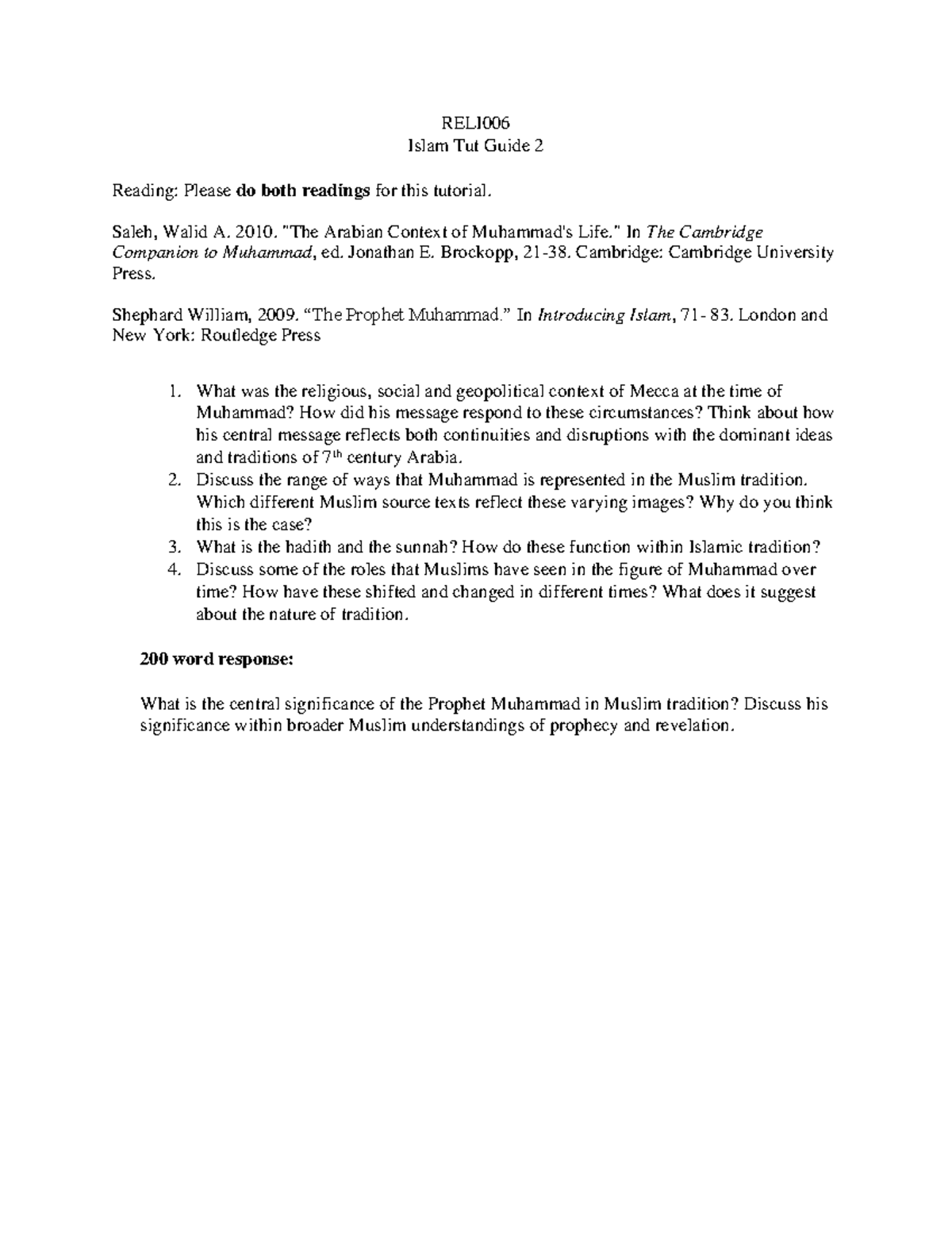 Tut Guide 2-Islam - tutorial two islam - RELI 006 Islam Tut Guide 2 ...