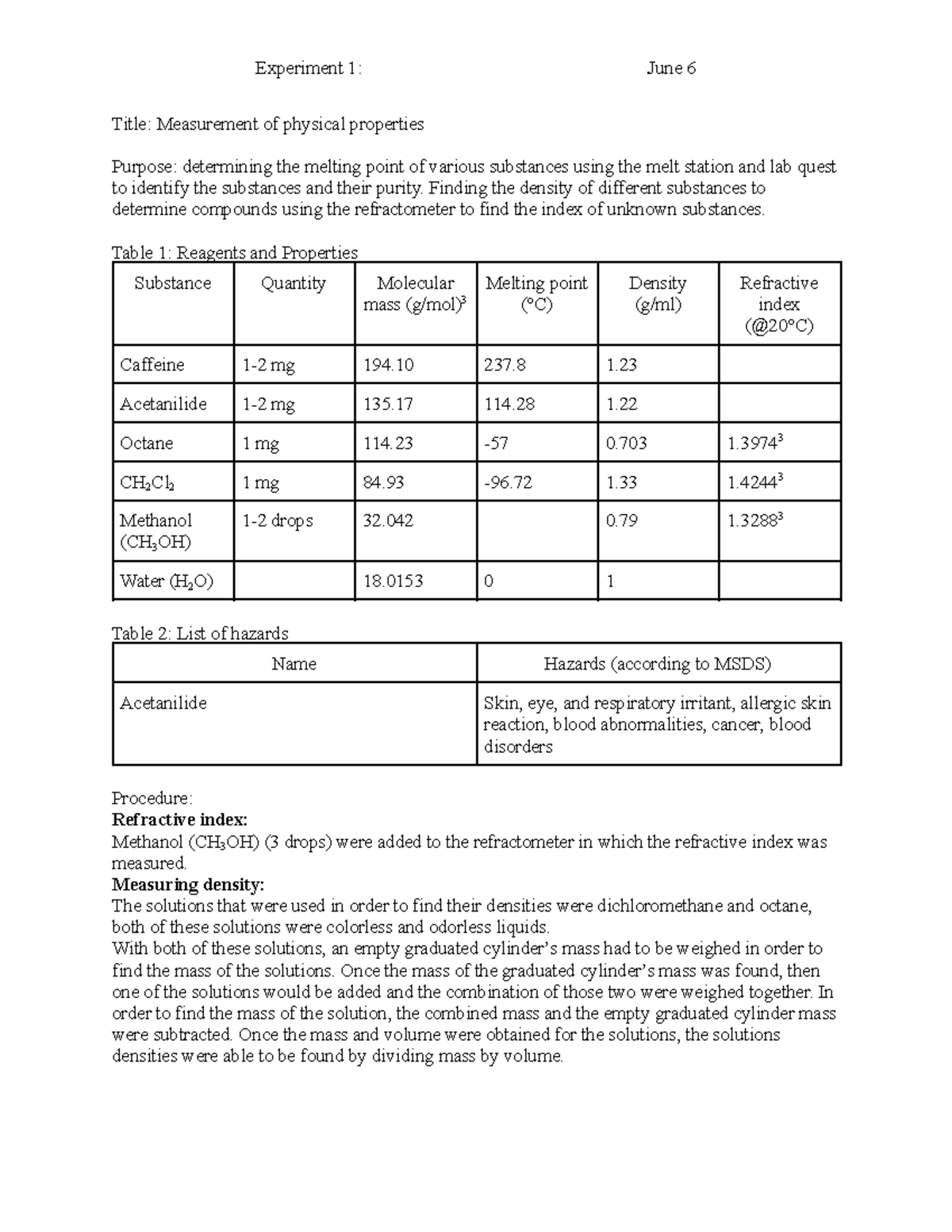 Experiment 1 Lab Notebook - Experiment 1: June 6 Title: Measurement of ...