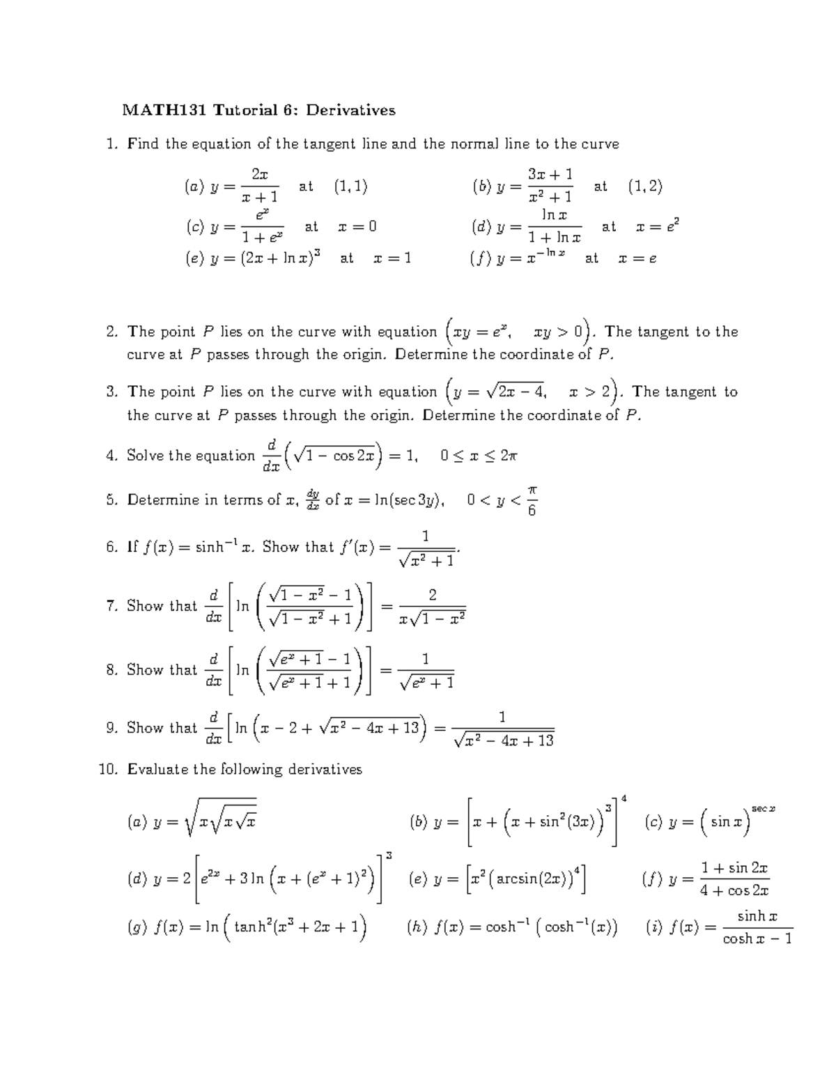MATH131 Tutorial 6 2024 - MATH131 Tutorial 6: Derivatives Find the equation of the tangent line ...