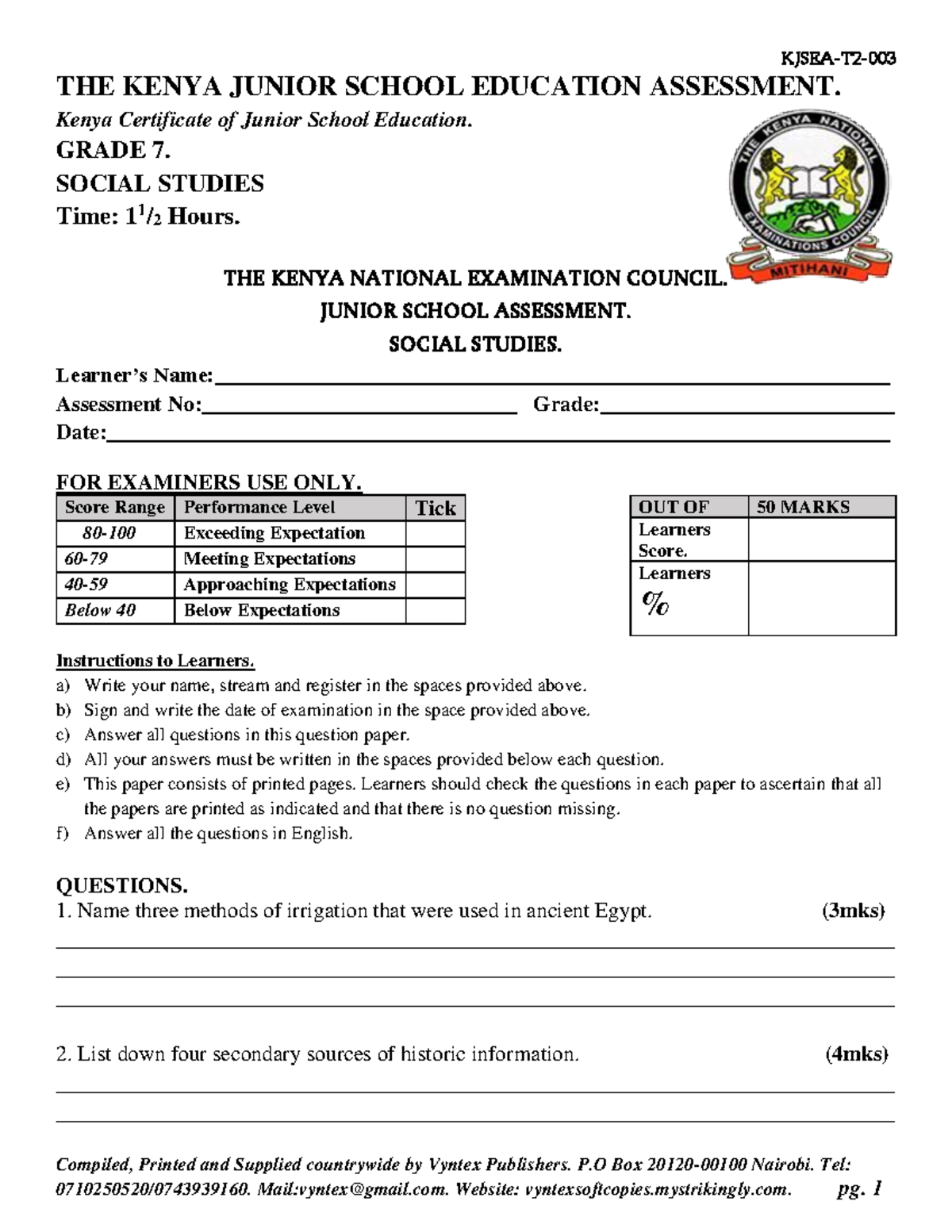 Kjsea G7-T2-003 Social Studies - KJSEA-T2- 003 Compiled, Printed and ...