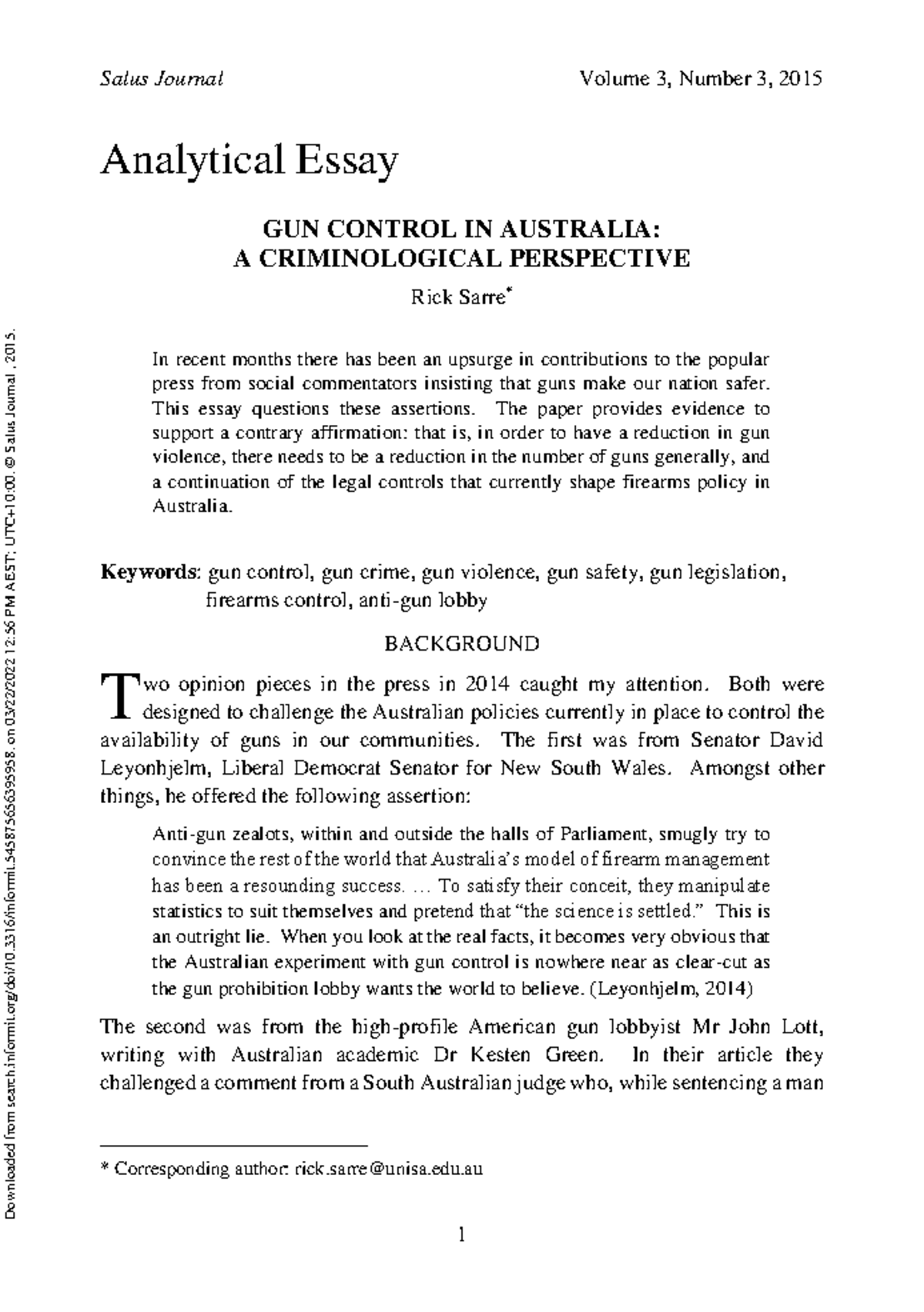 Gun control in aus- a criminological perspective - Analytical Essay GUN ...