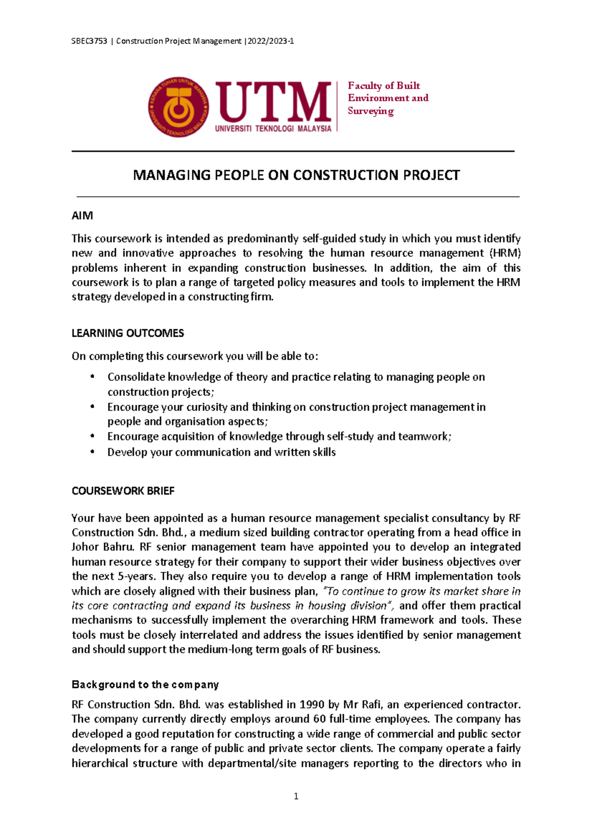 CW SBEC3753 - 3year of Degree - MANAGING PEOPLE ON CONSTRUCTION PROJECT ...