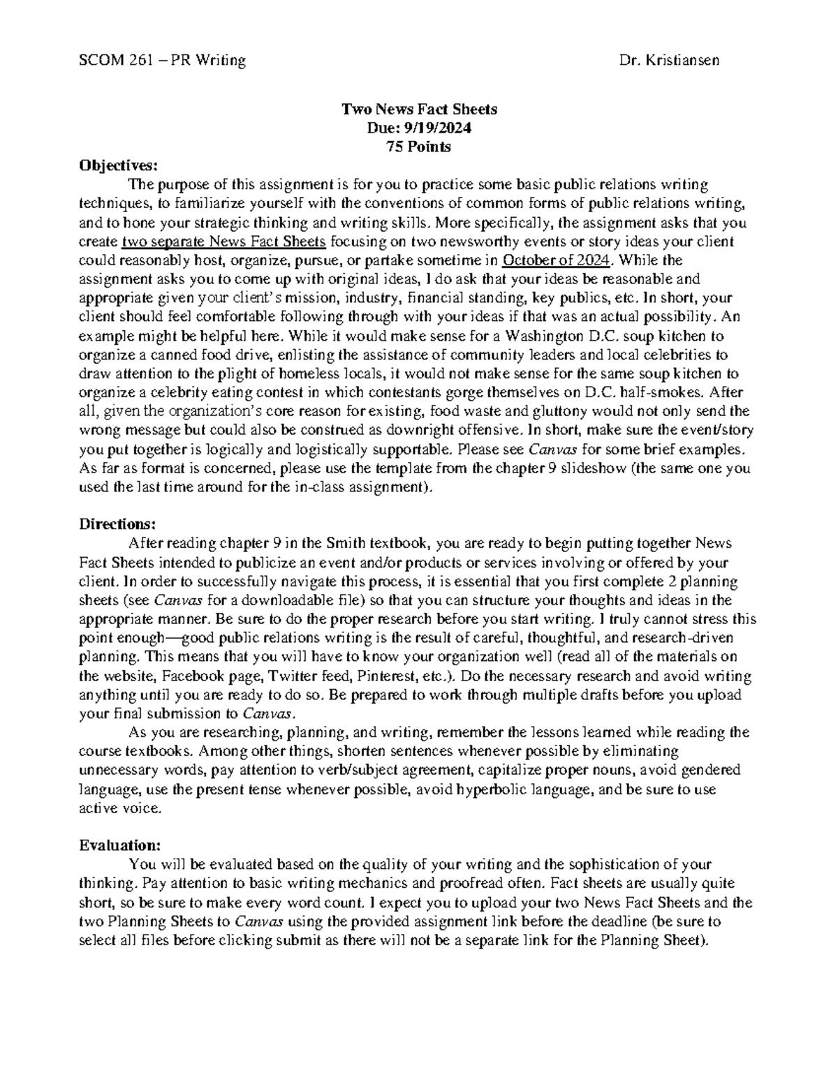 News Fact Sheet - SCOM 261 – PR Writing Dr. Kristiansen Two News Fact ...