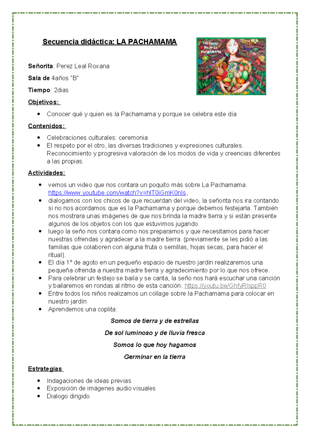 SD LA Pachamama - Secuencia didáctica: LA PACHAMAMA Señorita: Perez ...